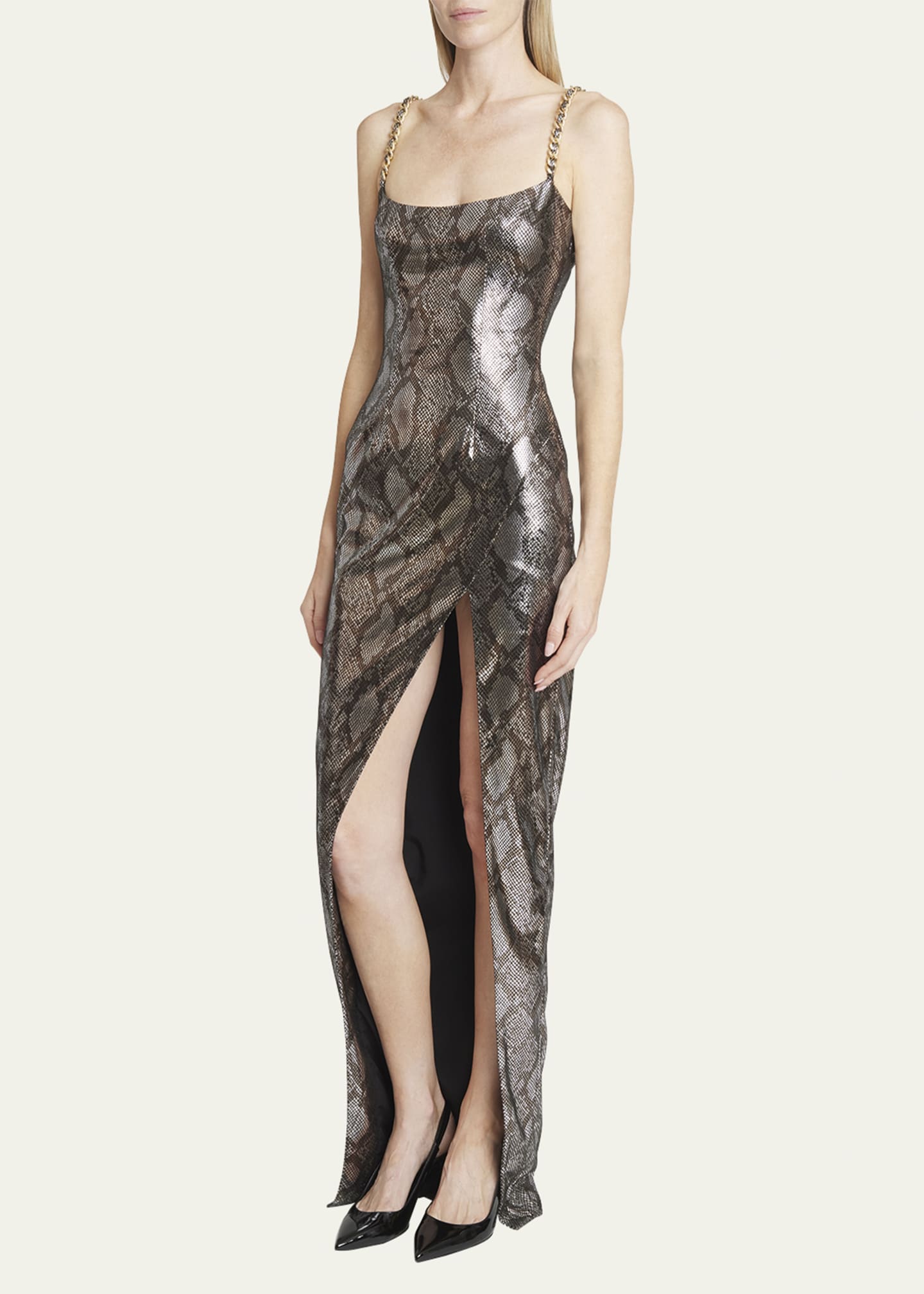 Balmain Shiny Python Gown with Chain Detail - Bergdorf Goodman