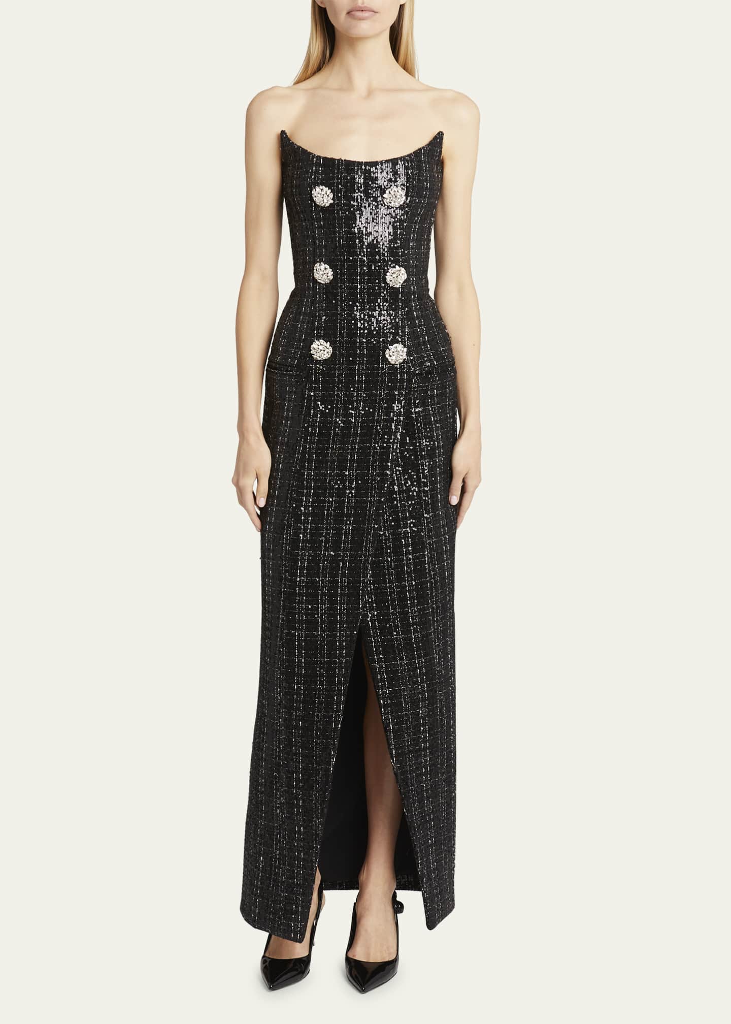 Balmain Sequined Strapless Dress with Jewel Double-Breast Buttons ...