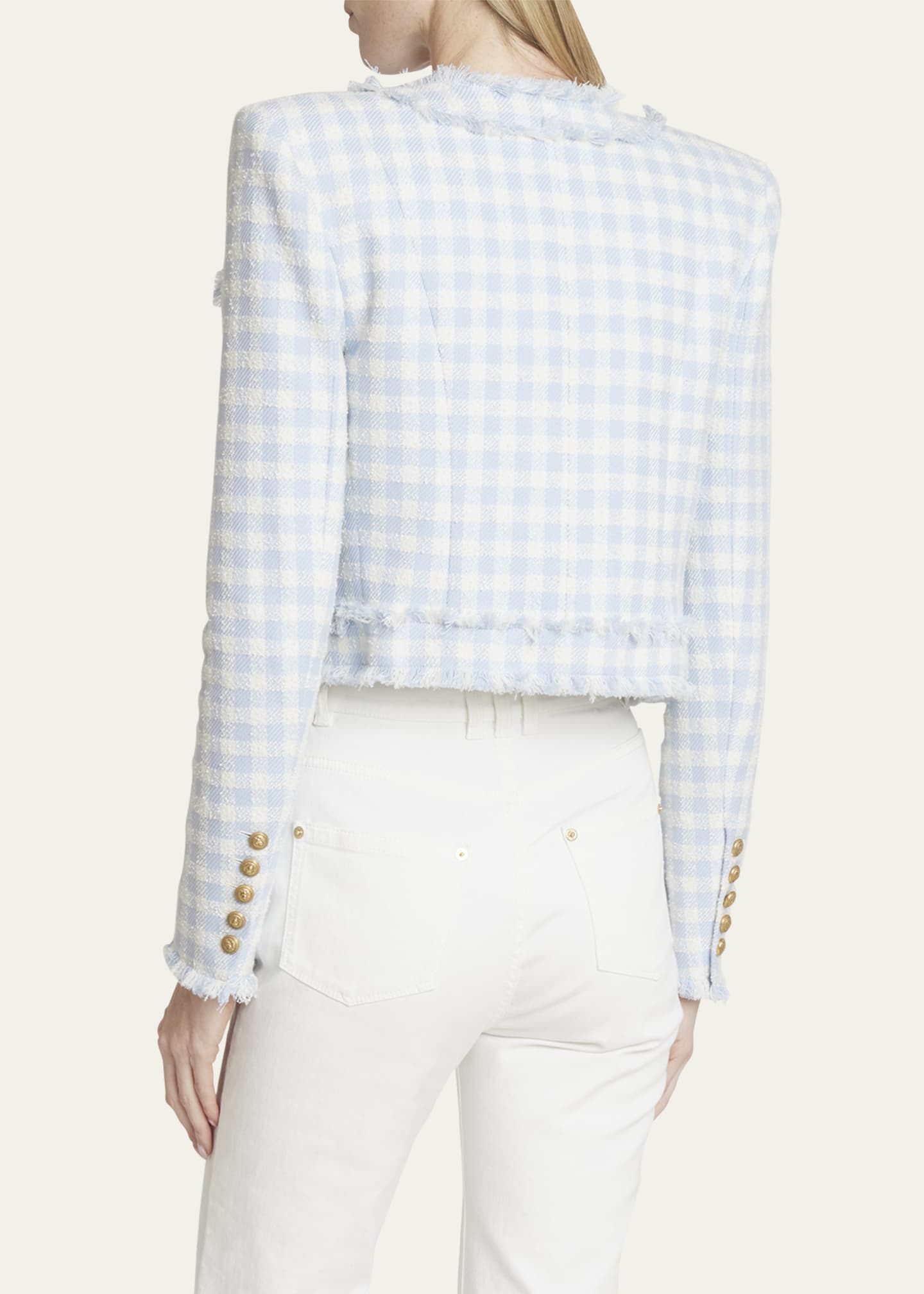 Balmain Plaid Tweed Fringe-Trim Jacket - Bergdorf Goodman