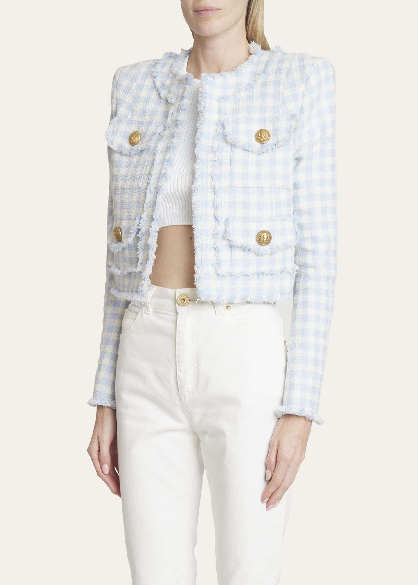 Balmain Plaid Tweed Fringe-Trim Jacket - Bergdorf Goodman