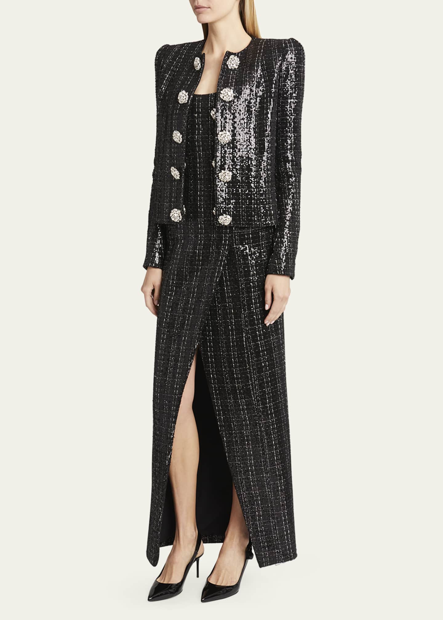 Balmain Collarless Sequined Tweed Jacket with Jewel Buttons - Bergdorf ...