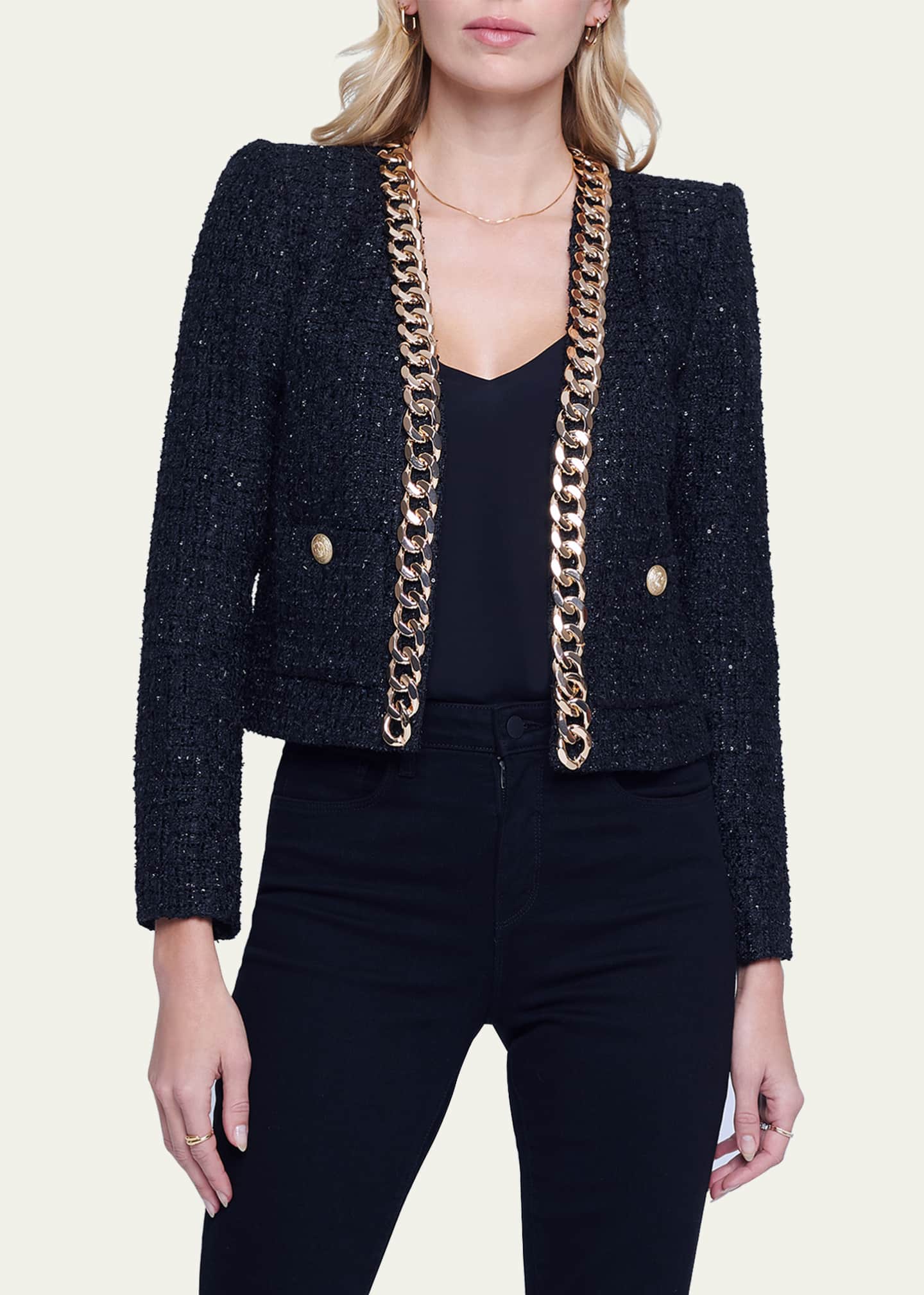 L'Agence Greta Metallic Tweed Chain Jacket - Bergdorf Goodman