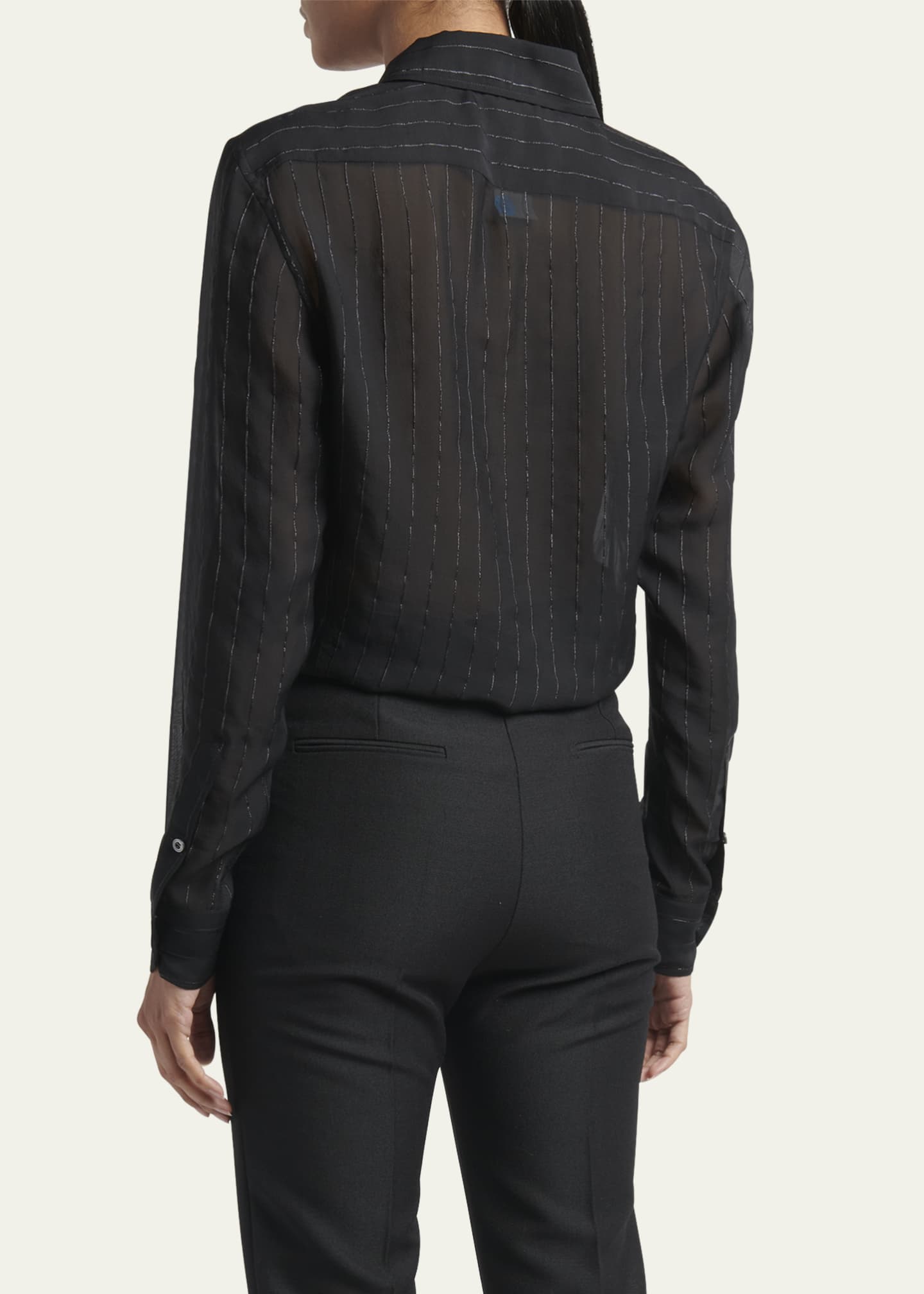 TOM FORD Metallic Pinstripe Sheer Button Up Blouse - Bergdorf Goodman