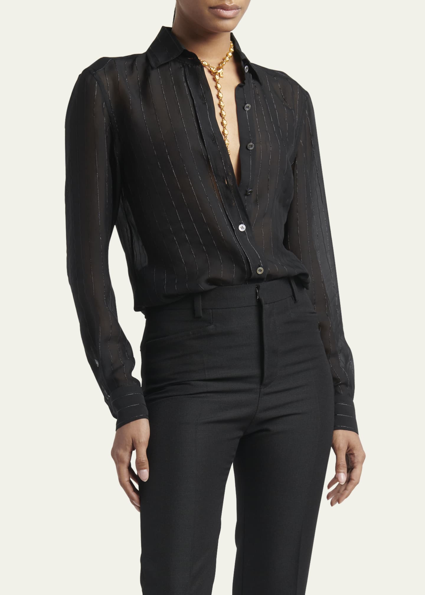 TOM FORD Metallic Pinstripe Sheer Button Up Blouse - Bergdorf Goodman