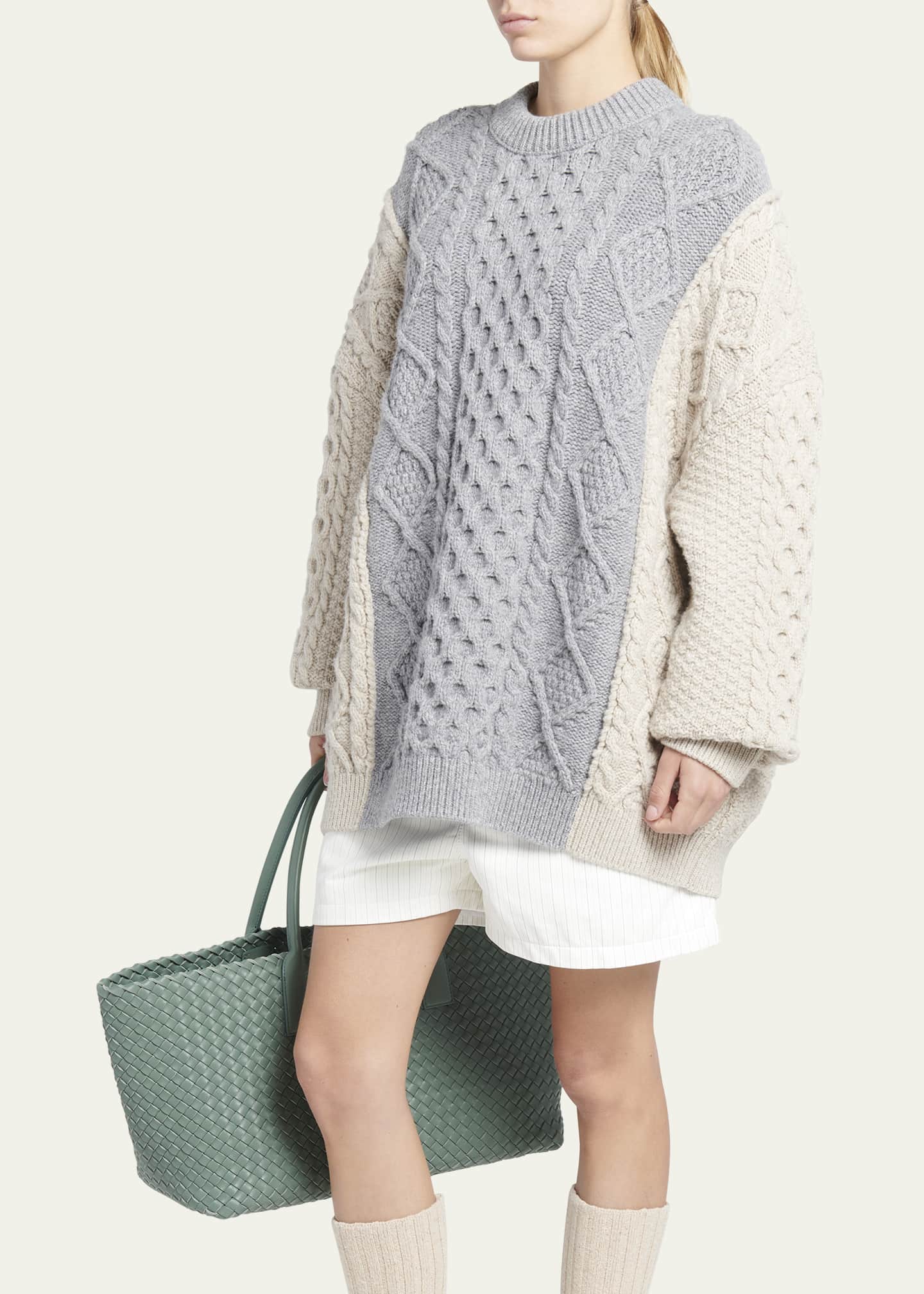 Bottega Veneta Aran Patchwork Cable-Knit Crewneck Sweater - Bergdorf ...