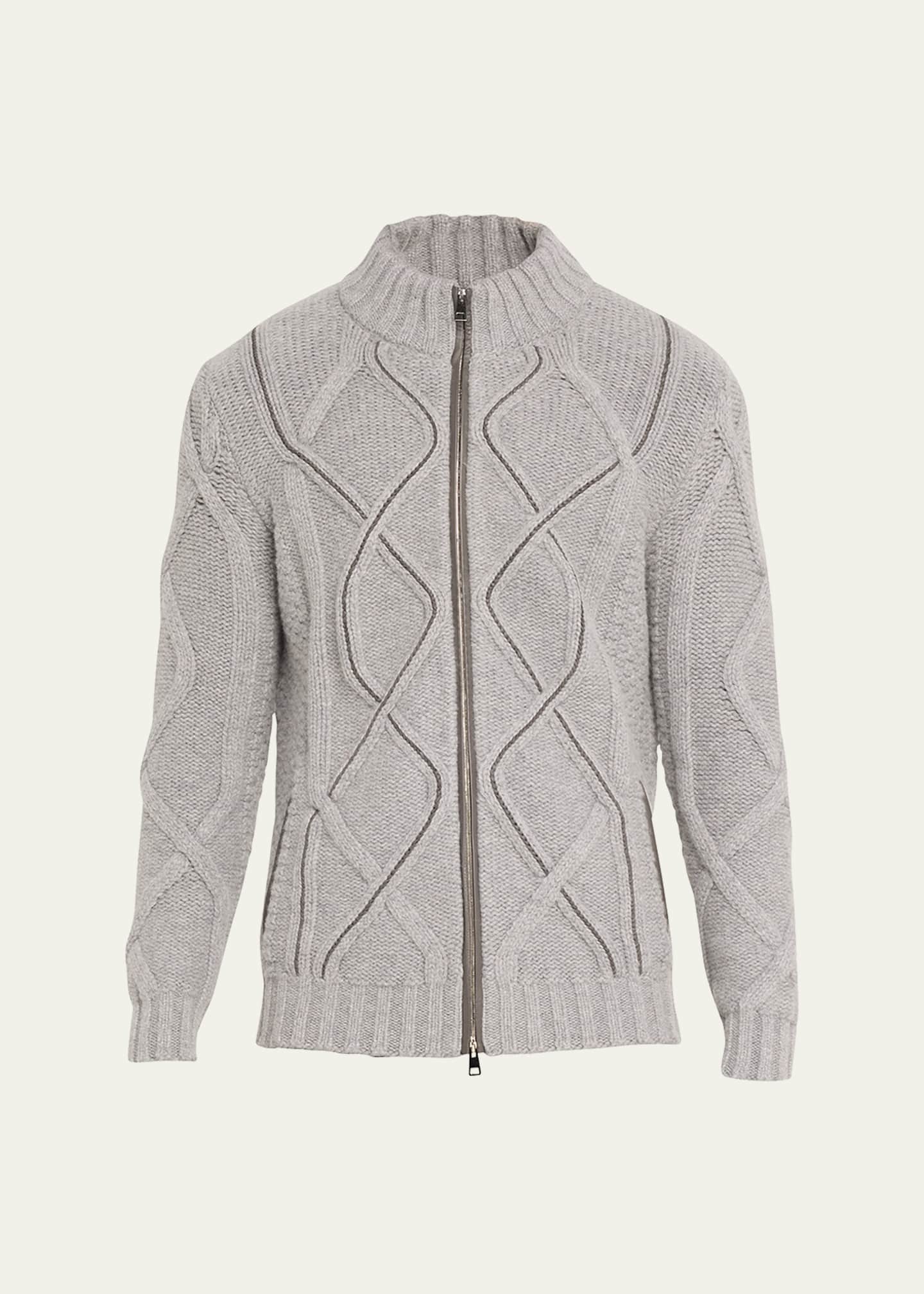Bergdorf Goodman Mens Wool Cashmere Cable Knit Full Zip Sweater