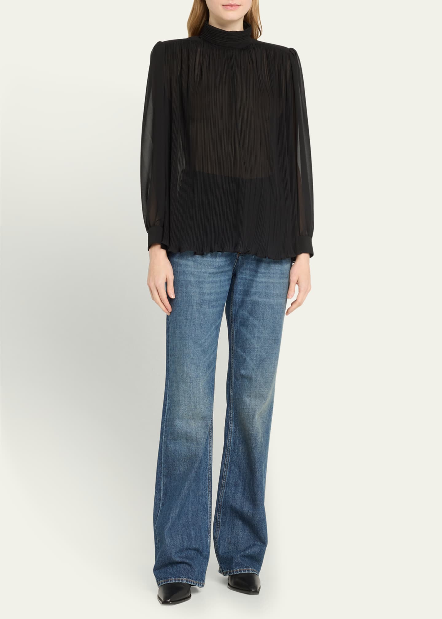 FRAME Pleated Strong-Shoulder Blouse - Bergdorf Goodman