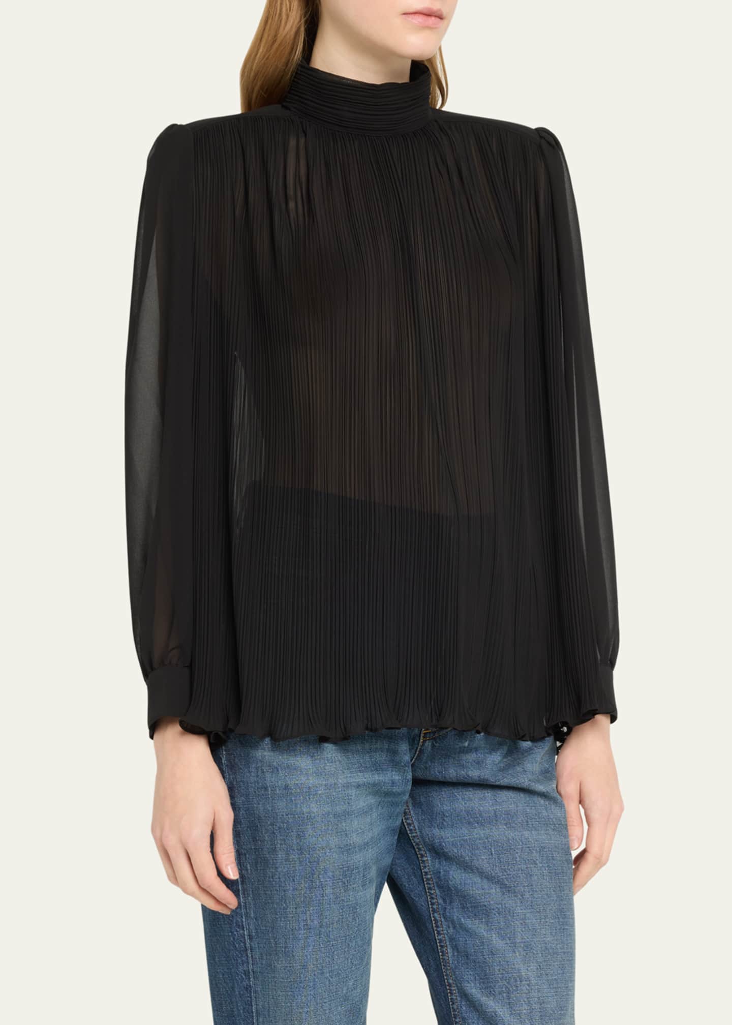 FRAME Pleated Strong-Shoulder Blouse - Bergdorf Goodman