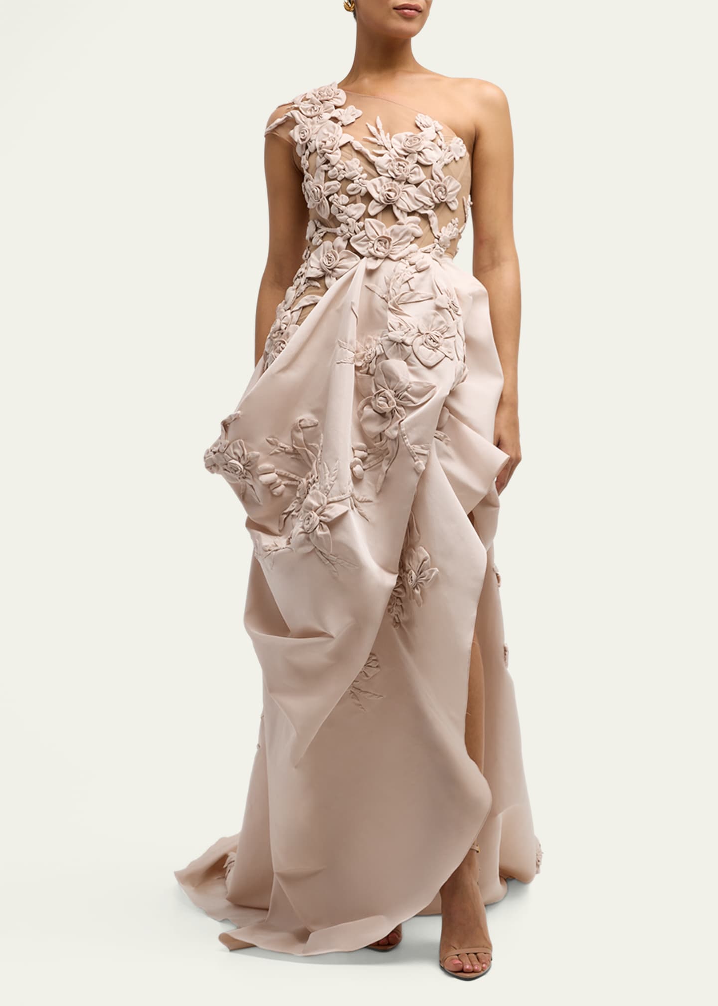Marchesa One-Shoulder Illusion Gown with Exposed Hip Drape - Bergdorf Goodman