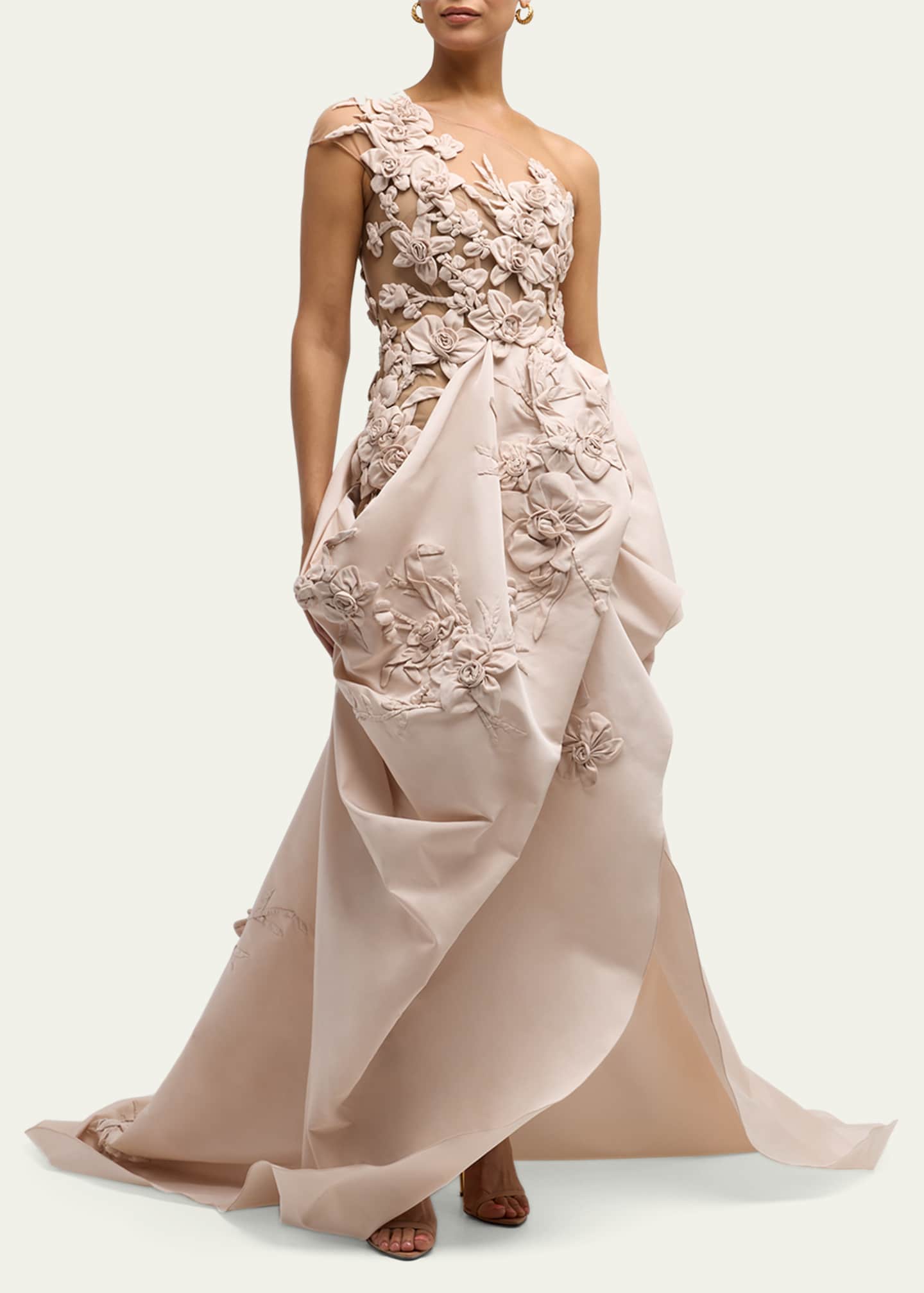 Marchesa One-Shoulder Illusion Gown with Exposed Hip Drape - Bergdorf Goodman