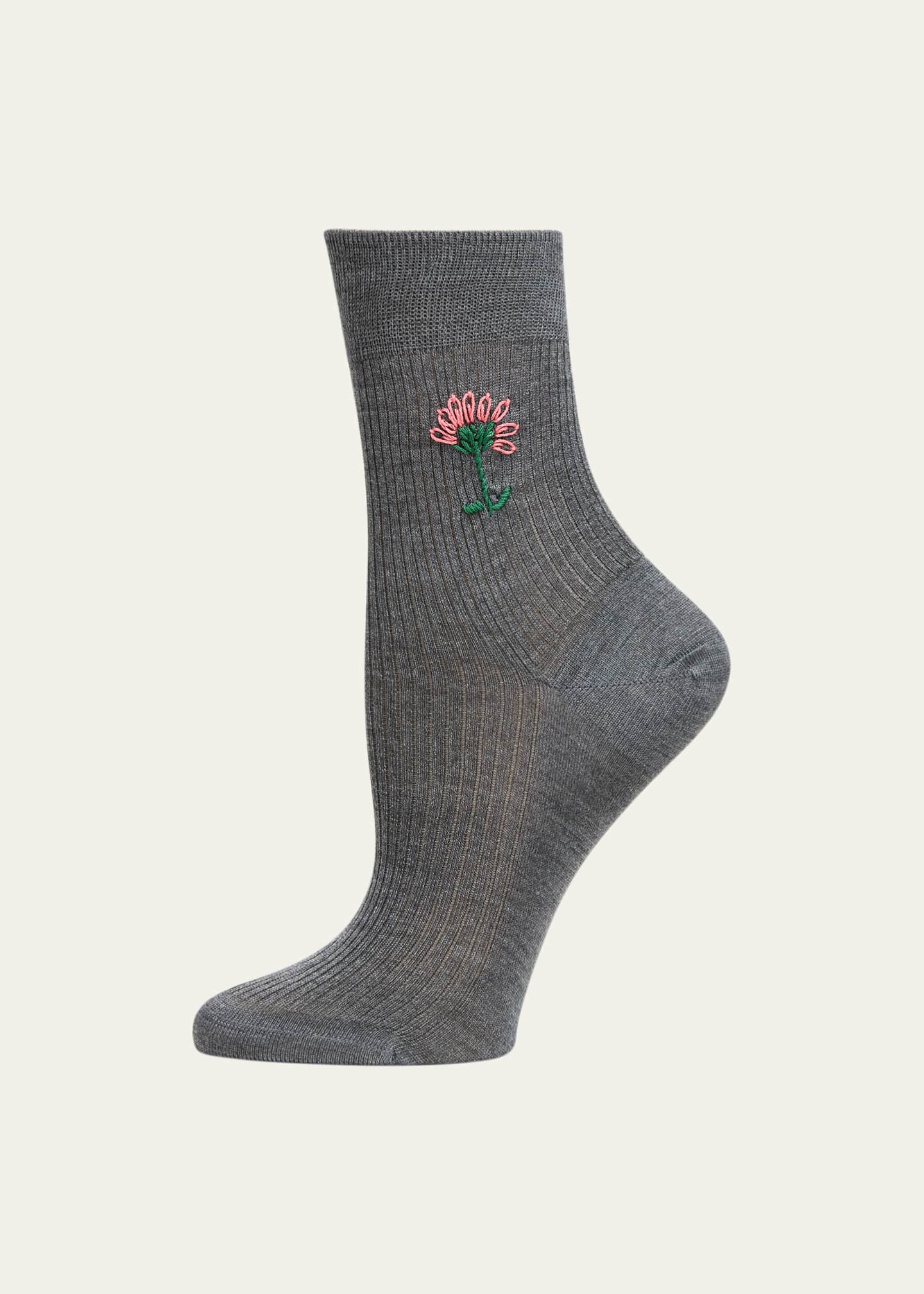 Maria La Rosa Ribbed Floral-Embroidered Cotton Crew Socks - Bergdorf ...