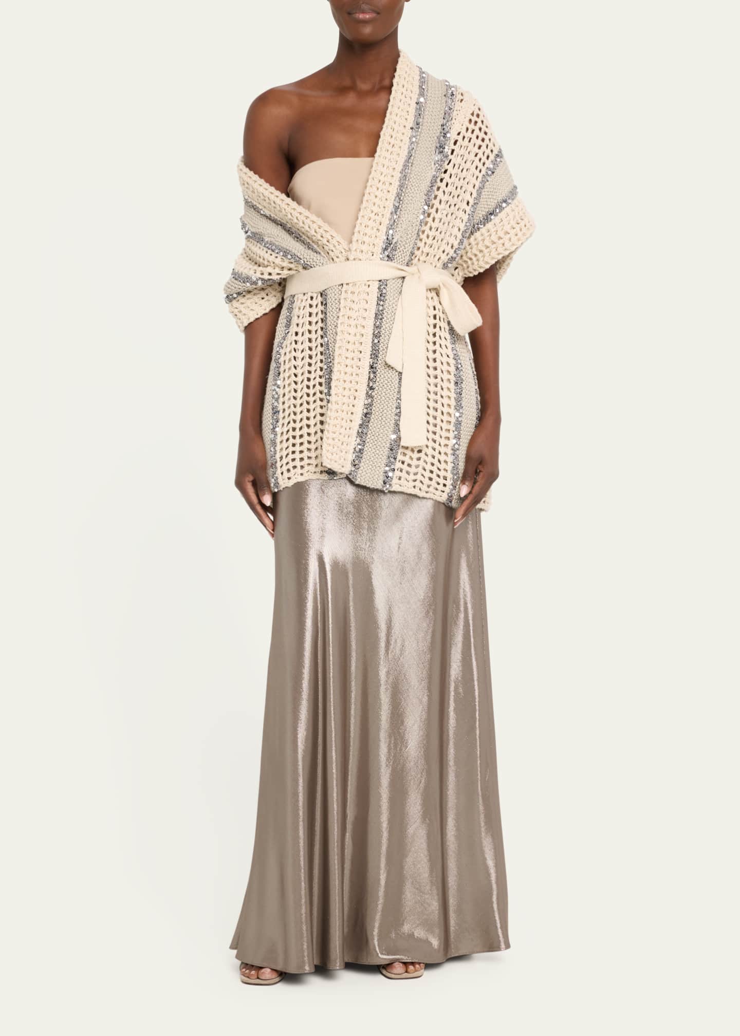 Brunello Cucinelli Open-Knit Long Net Cardigan with Paillette Detail ...