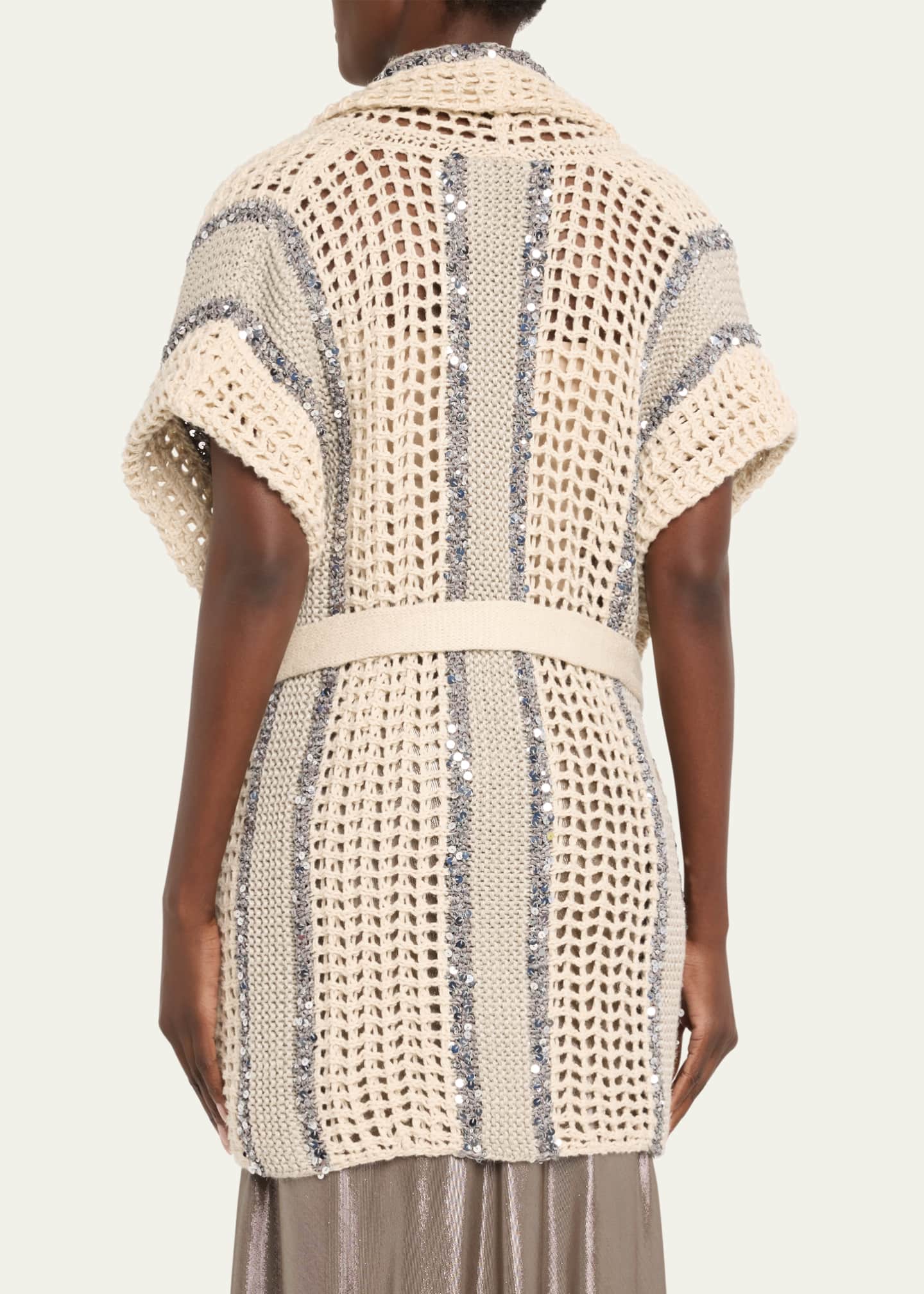 Brunello Cucinelli Open-Knit Long Net Cardigan with Paillette Detail ...