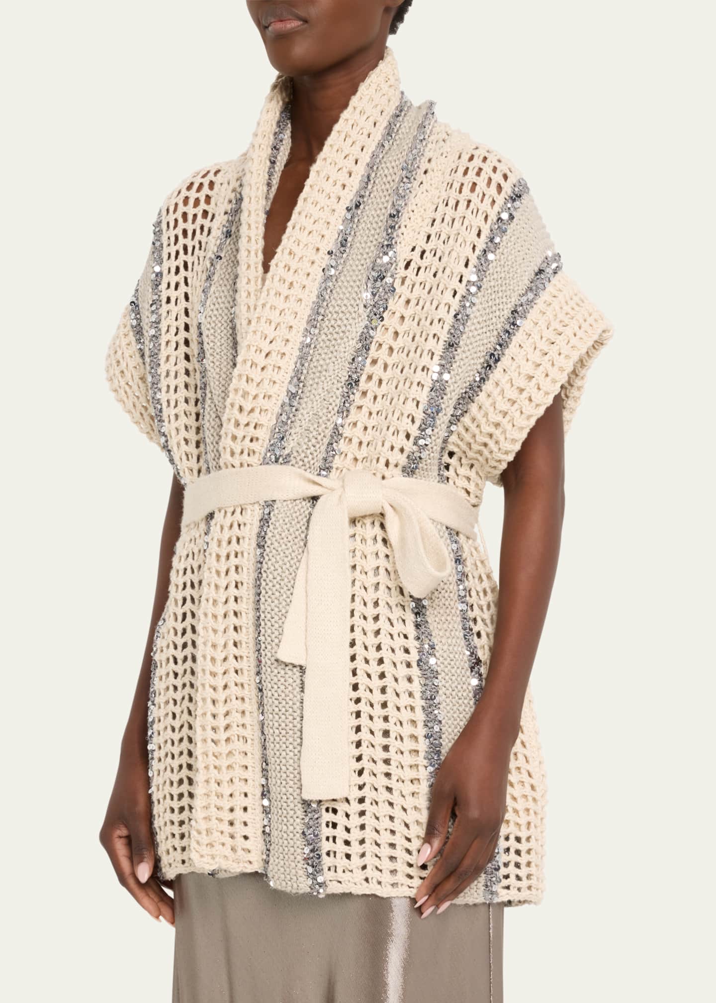 Brunello Cucinelli Open-Knit Long Net Cardigan with Paillette Detail - Bergdorf Goodman