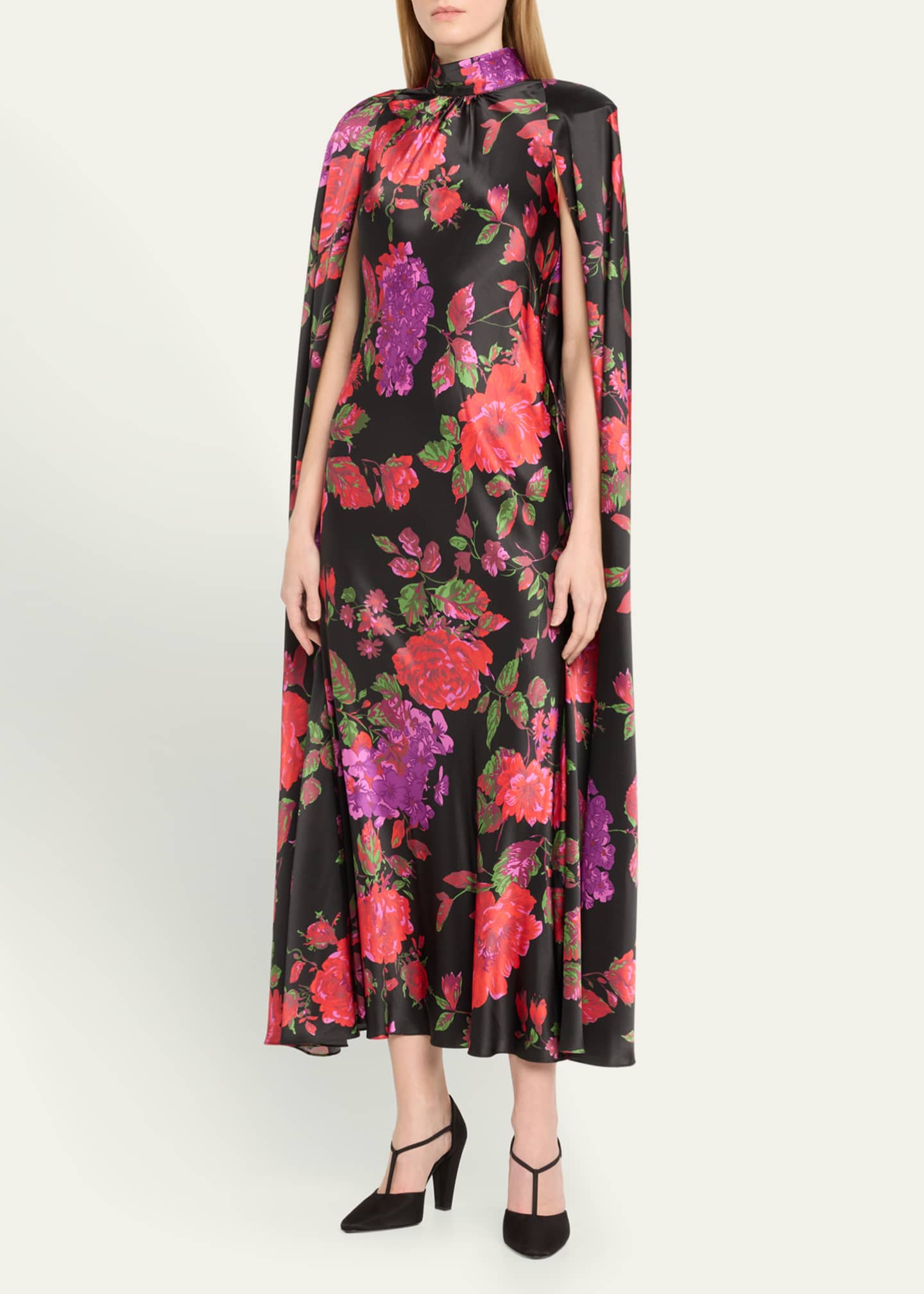 Rodarte Floral-Printed Silk Cape-Sleeve Midi Dress - Bergdorf Goodman