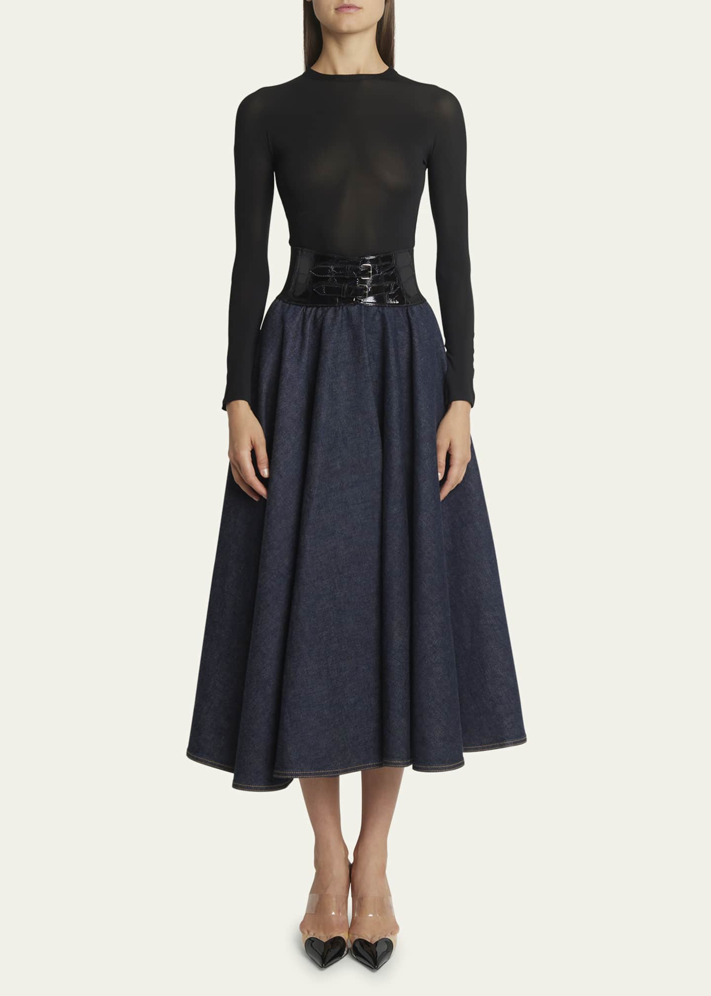 ALAIA Embossed Leather Belted Denim Flared Midi Skirt - Bergdorf Goodman