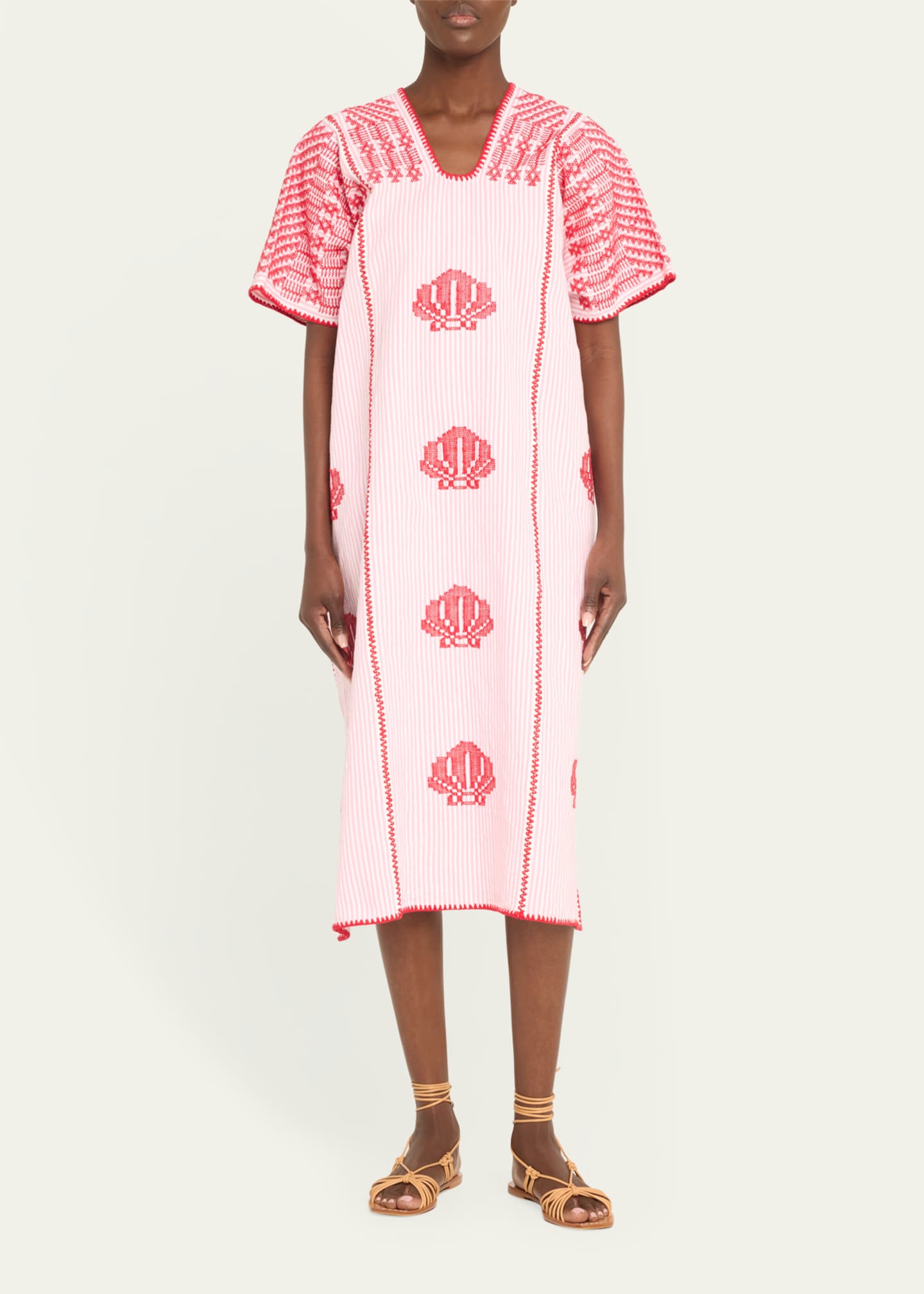 Pippa Holt Three-Panel Midi Kaftan in White and Pink Stripe with Red ...