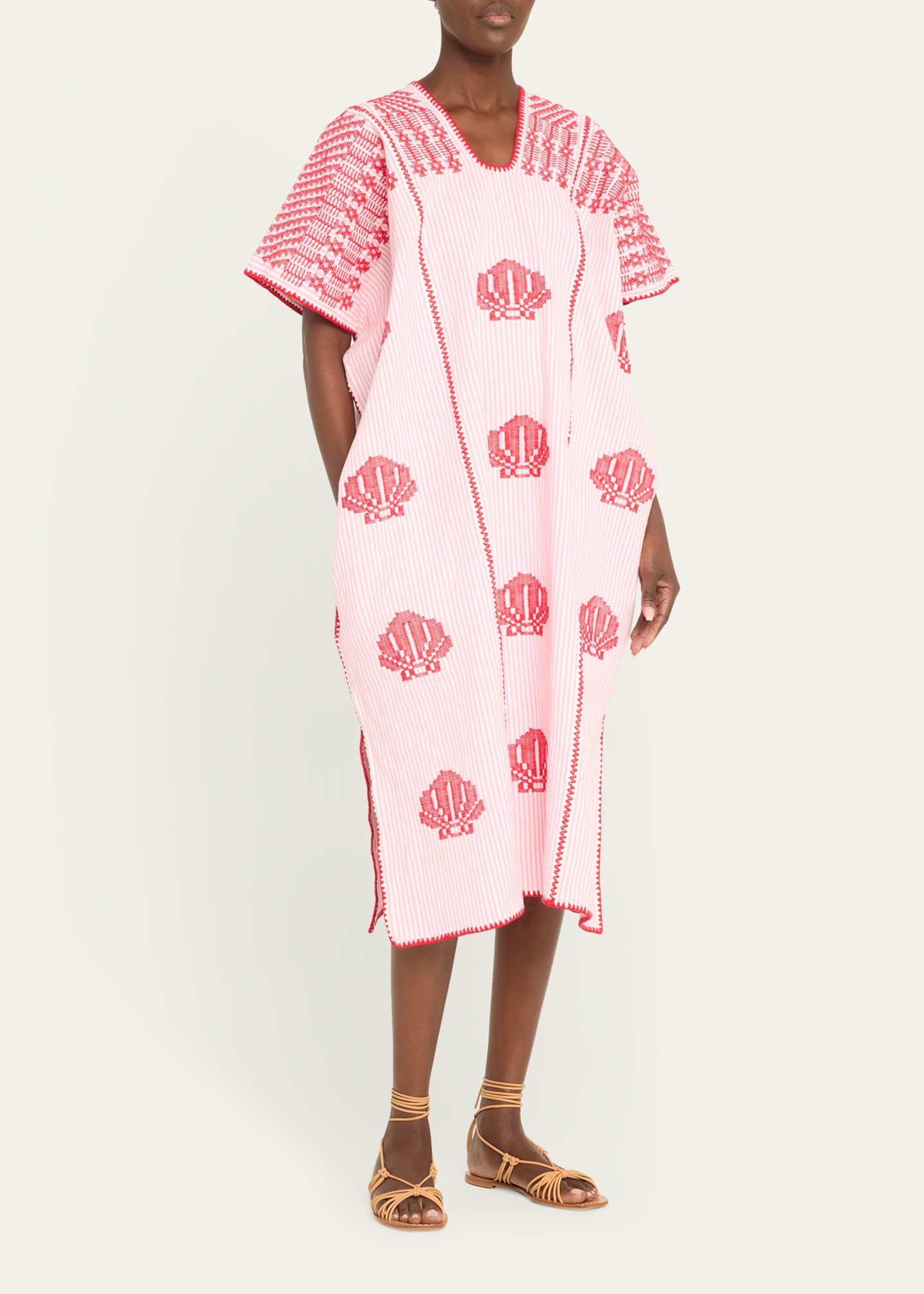 Pippa Holt Three-Panel Midi Kaftan in White and Pink Stripe with Red ...