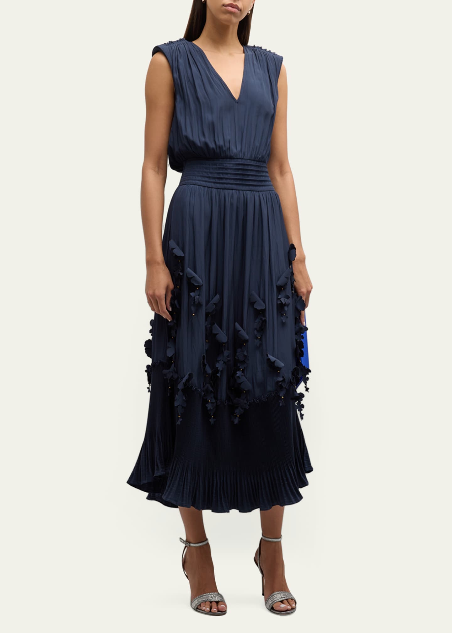 Ramy Brook Jacqueline Pleated Floral Applique Midi Dress - Bergdorf Goodman