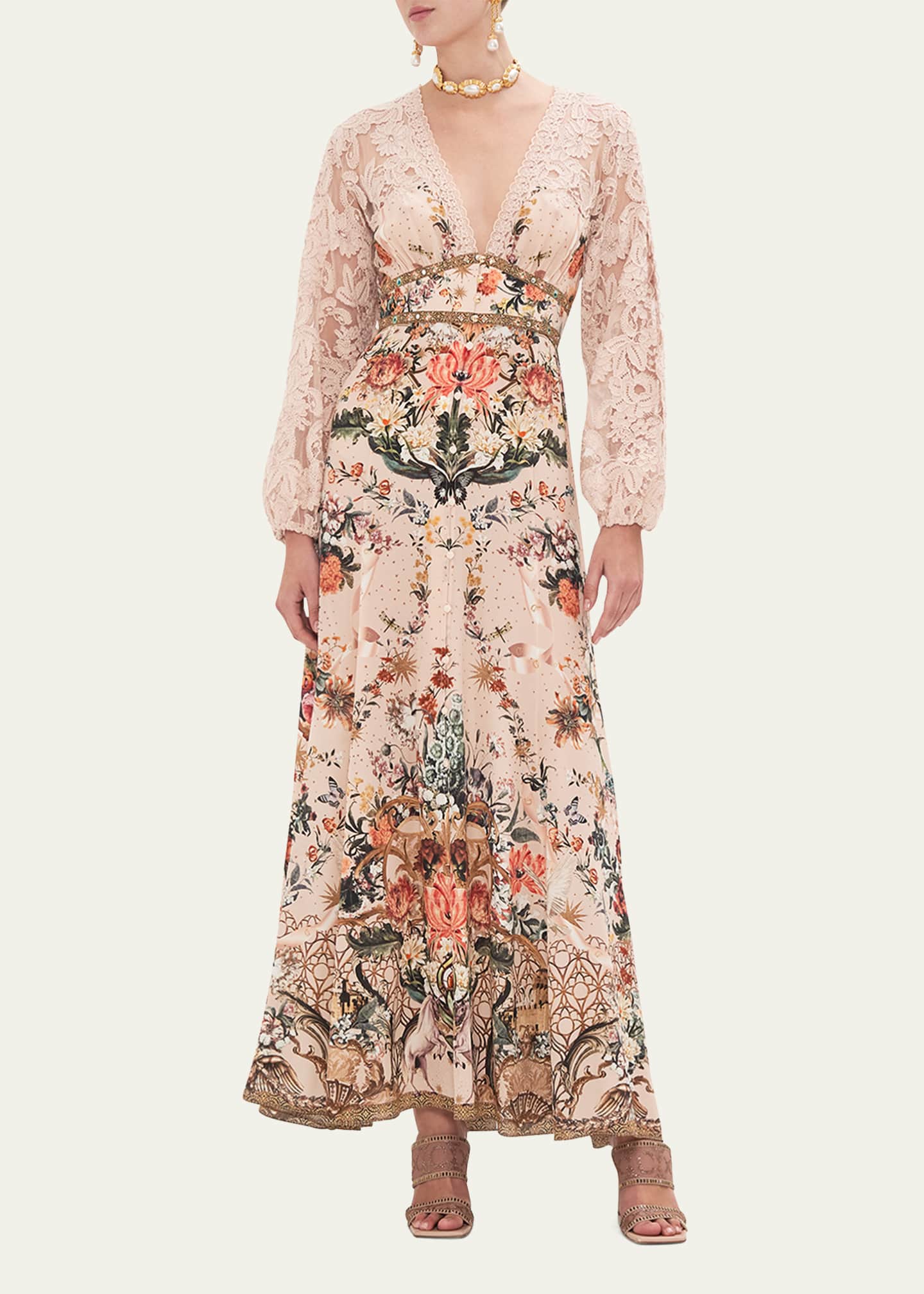 Camilla Lace-Sleeve Silk Button-Front V-Neck Maxi Dress - Bergdorf Goodman