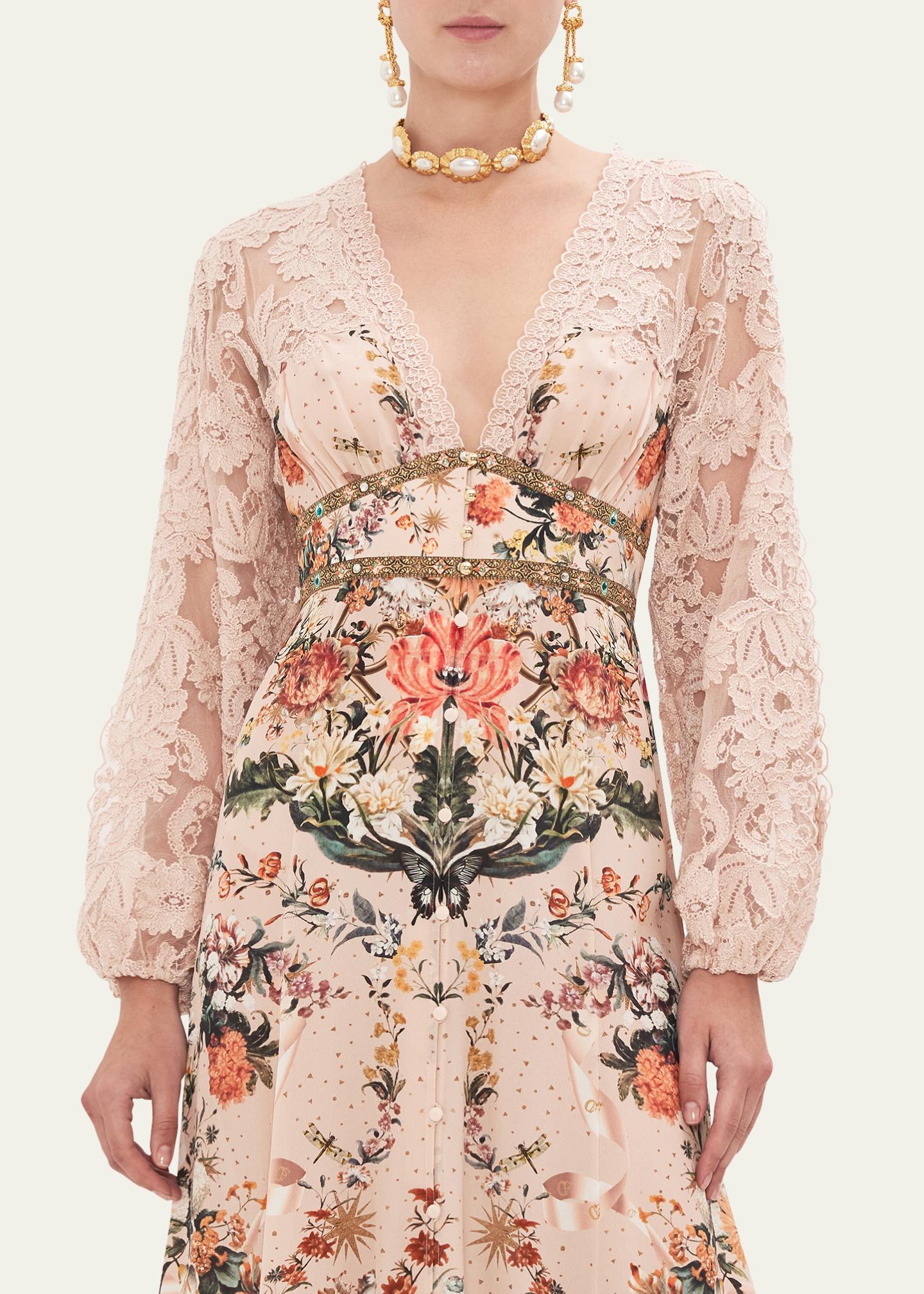Camilla Lace-Sleeve Silk Button-Front V-Neck Maxi Dress - Bergdorf Goodman