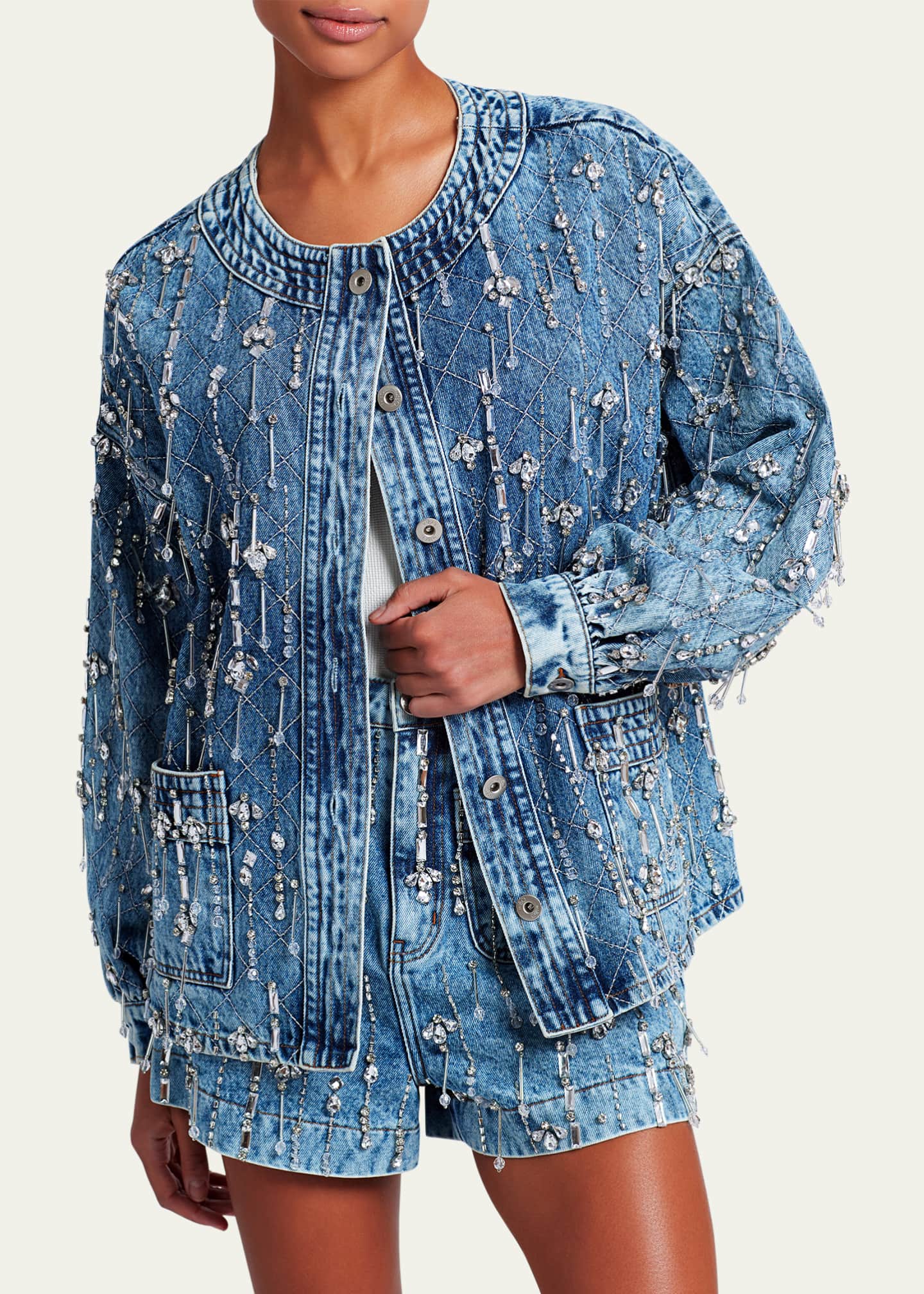 PatBO Hand-Beaded Faux Pearl and Rhinestone Denim Jacket - Bergdorf Goodman
