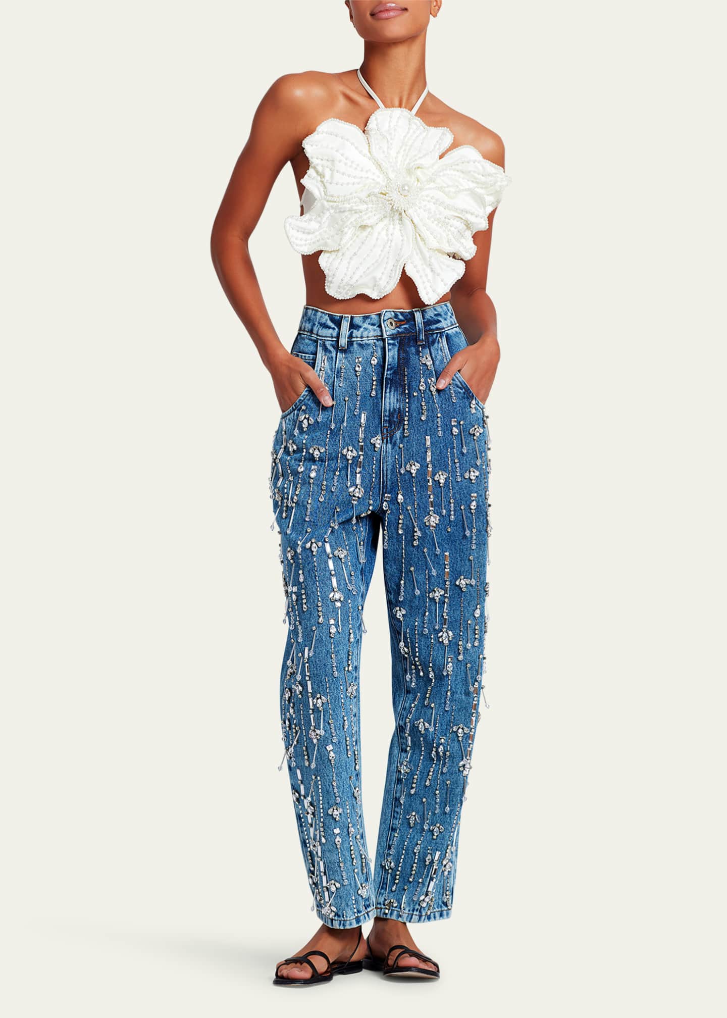 PatBO Hand-Beaded Rhinestone Straight-Leg Denim Jeans - Bergdorf Goodman