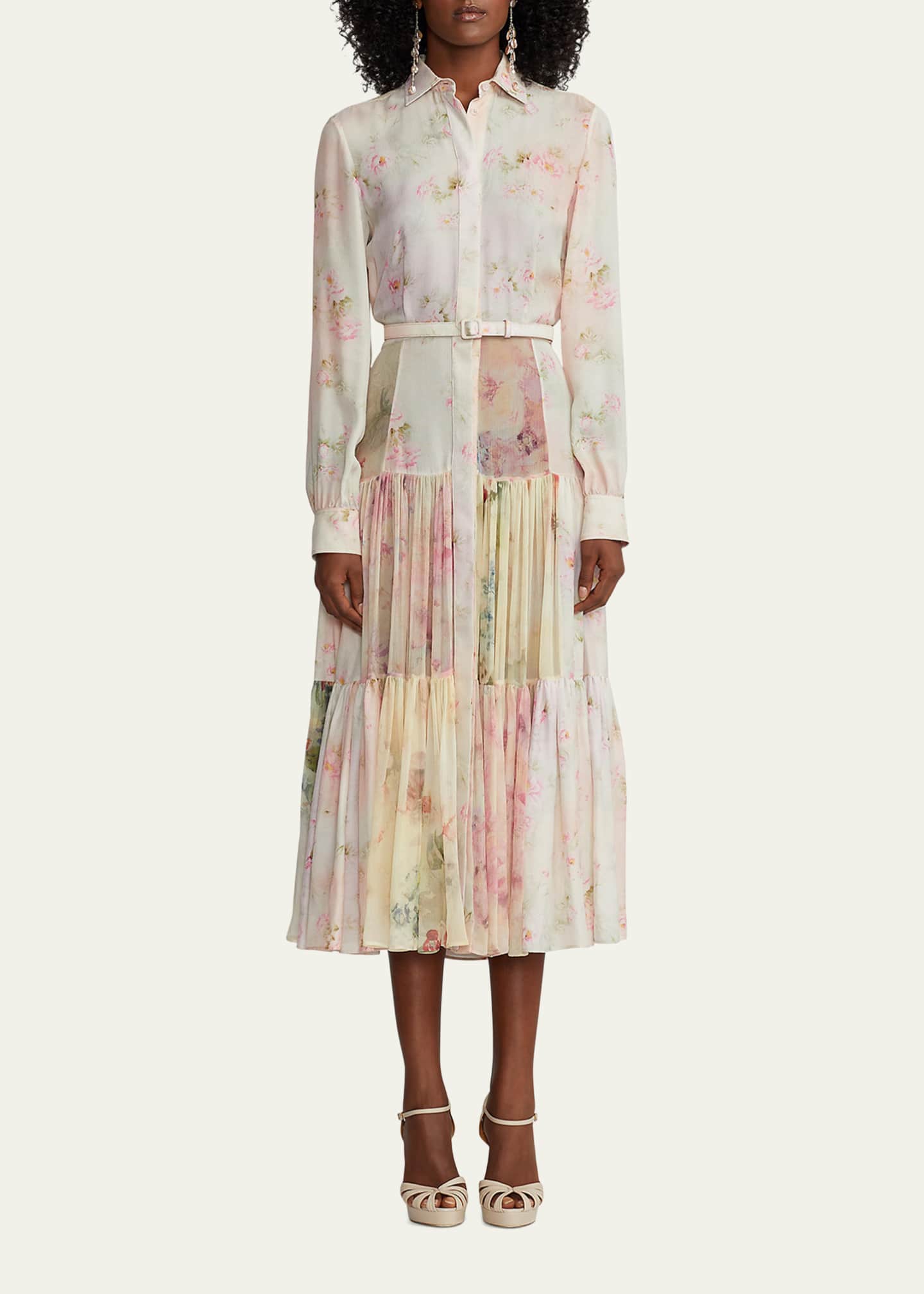 Ralph Lauren Collection Ellasandra Floral Watercolor Tiered Midi Belted ...