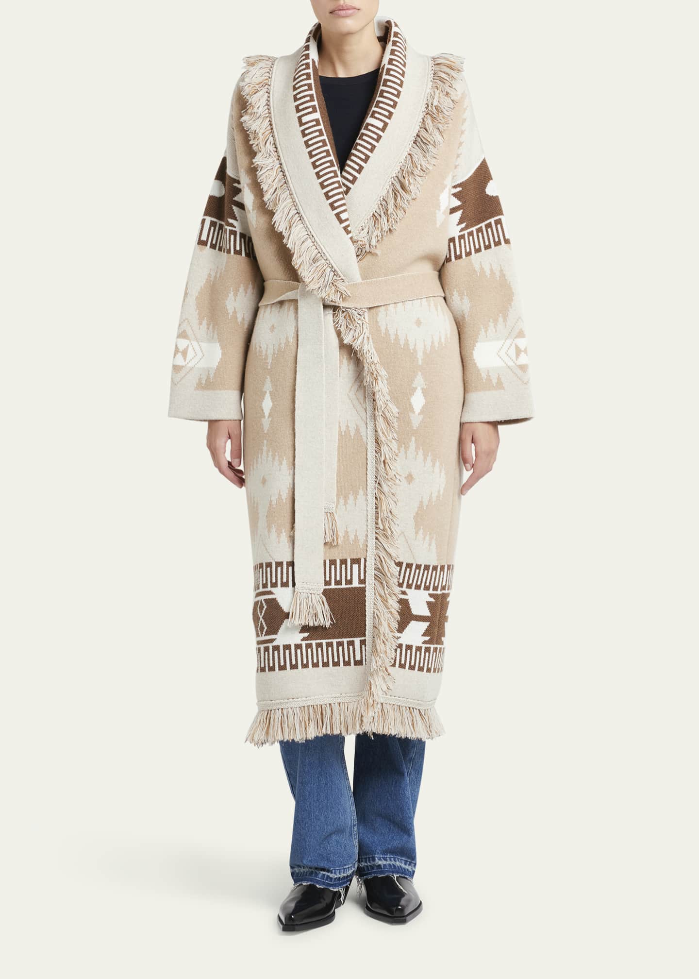 Alanui Icon Jacquard Fringe Belted Wool Coat - Bergdorf Goodman