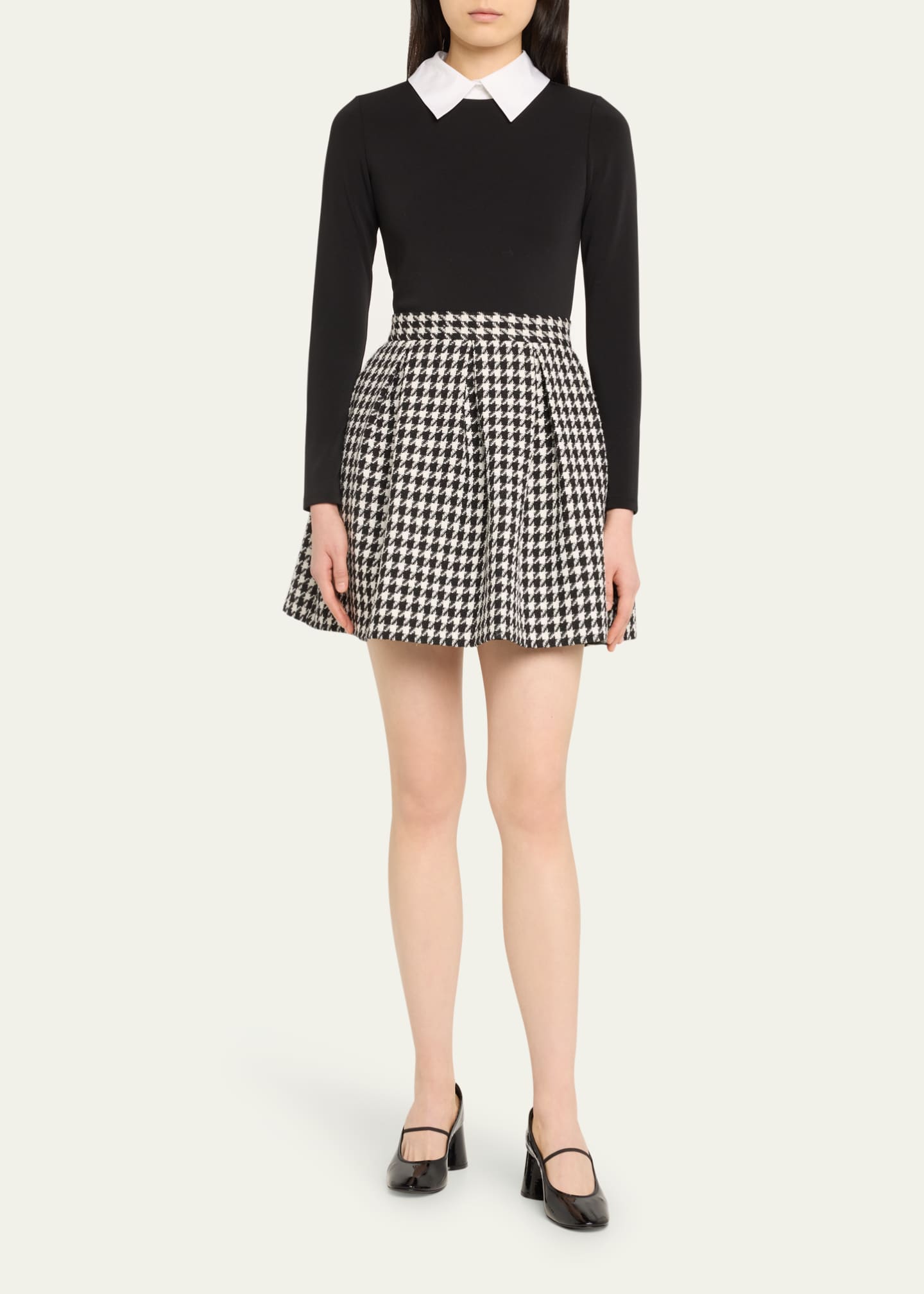 Alice + Olivia Chara Long-Sleeve Pleated Mini Dress with Collar ...