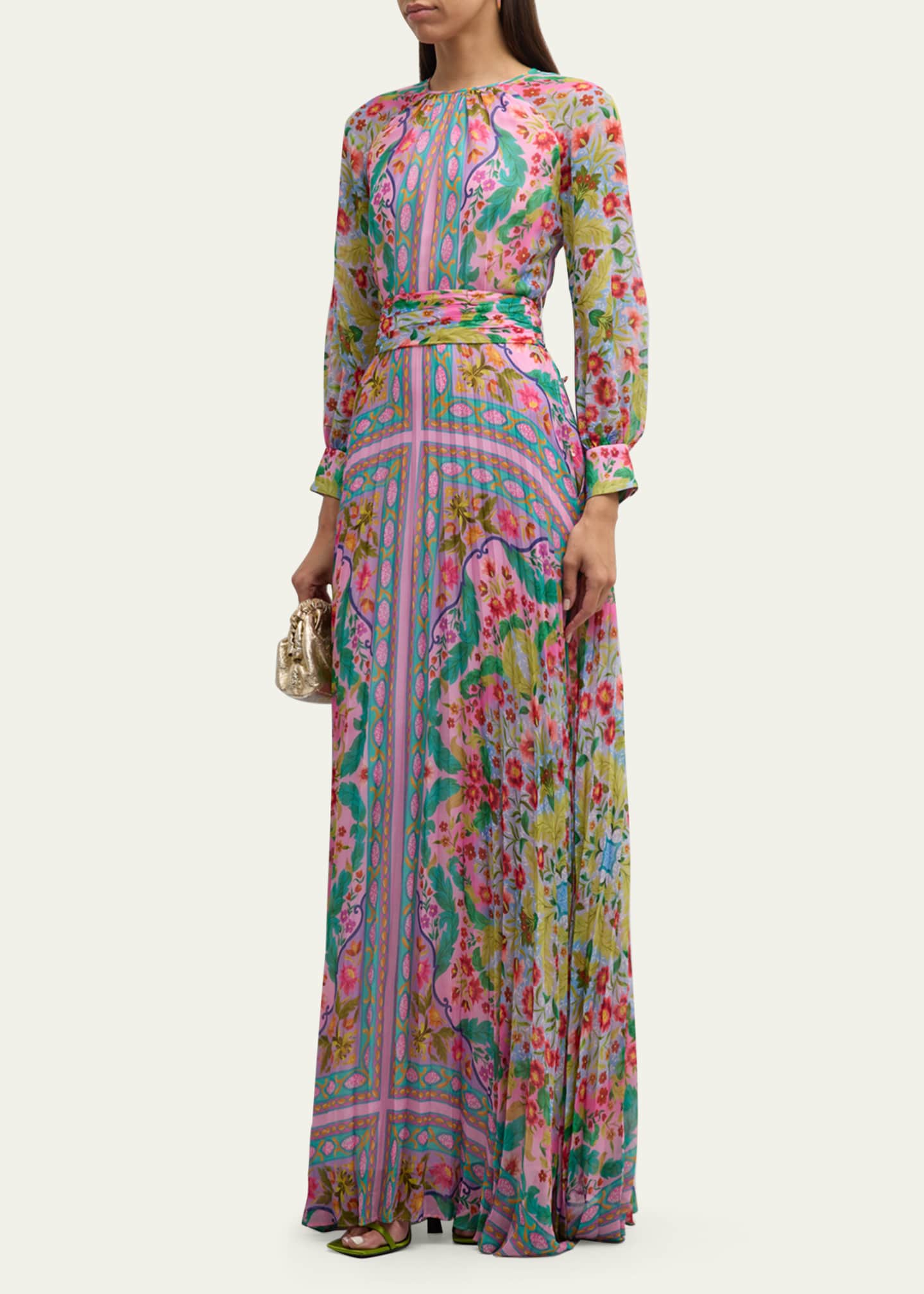 Rickie Freeman for Teri Jon Pleated Floral-Print Chiffon Gown ...