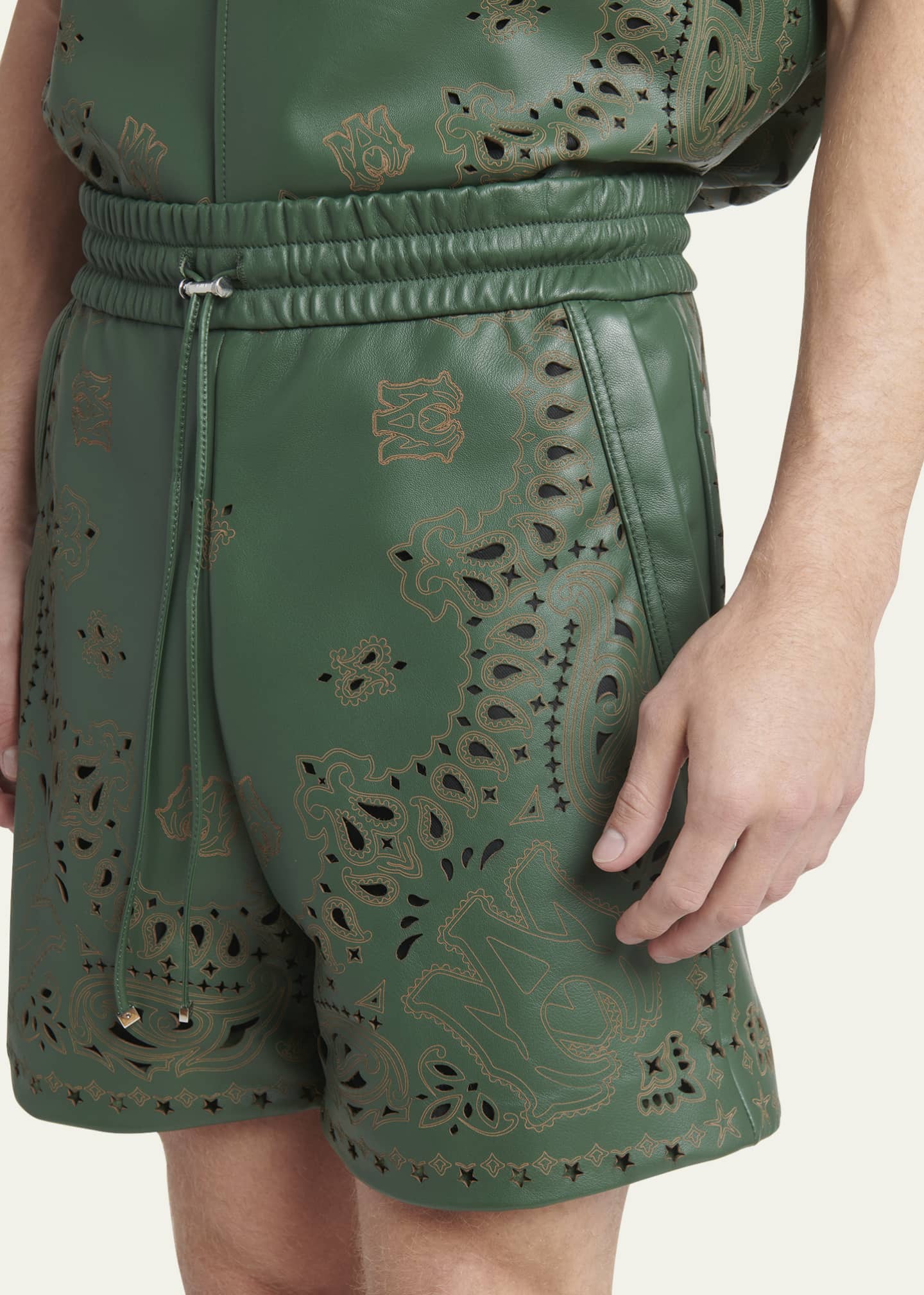 Amiri Men's Leather Laser-Cut Bandana Shorts - Bergdorf Goodman