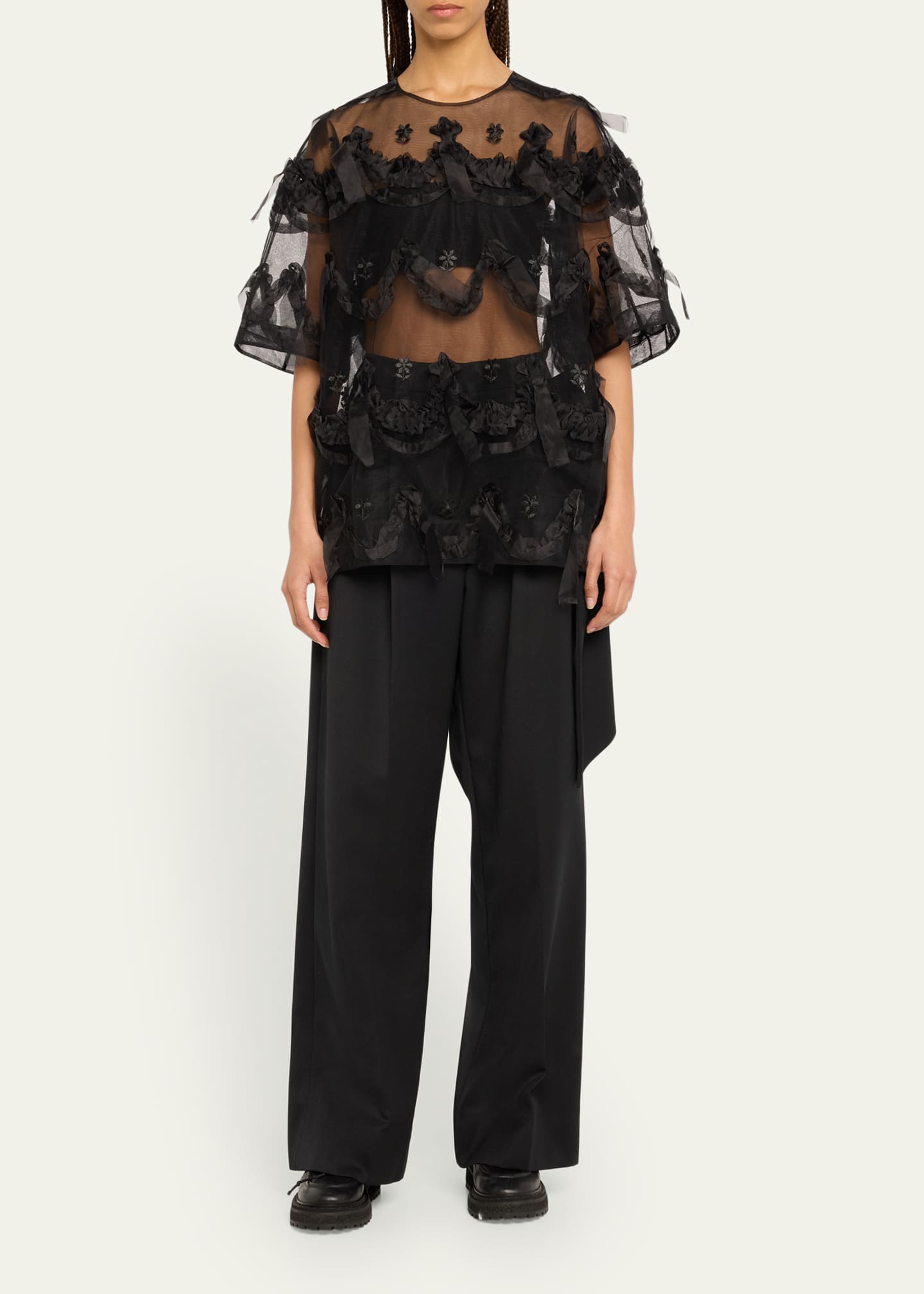 Simone Rocha Men's Tulle Embroidered Short-Sleeve Shirt - Bergdorf Goodman