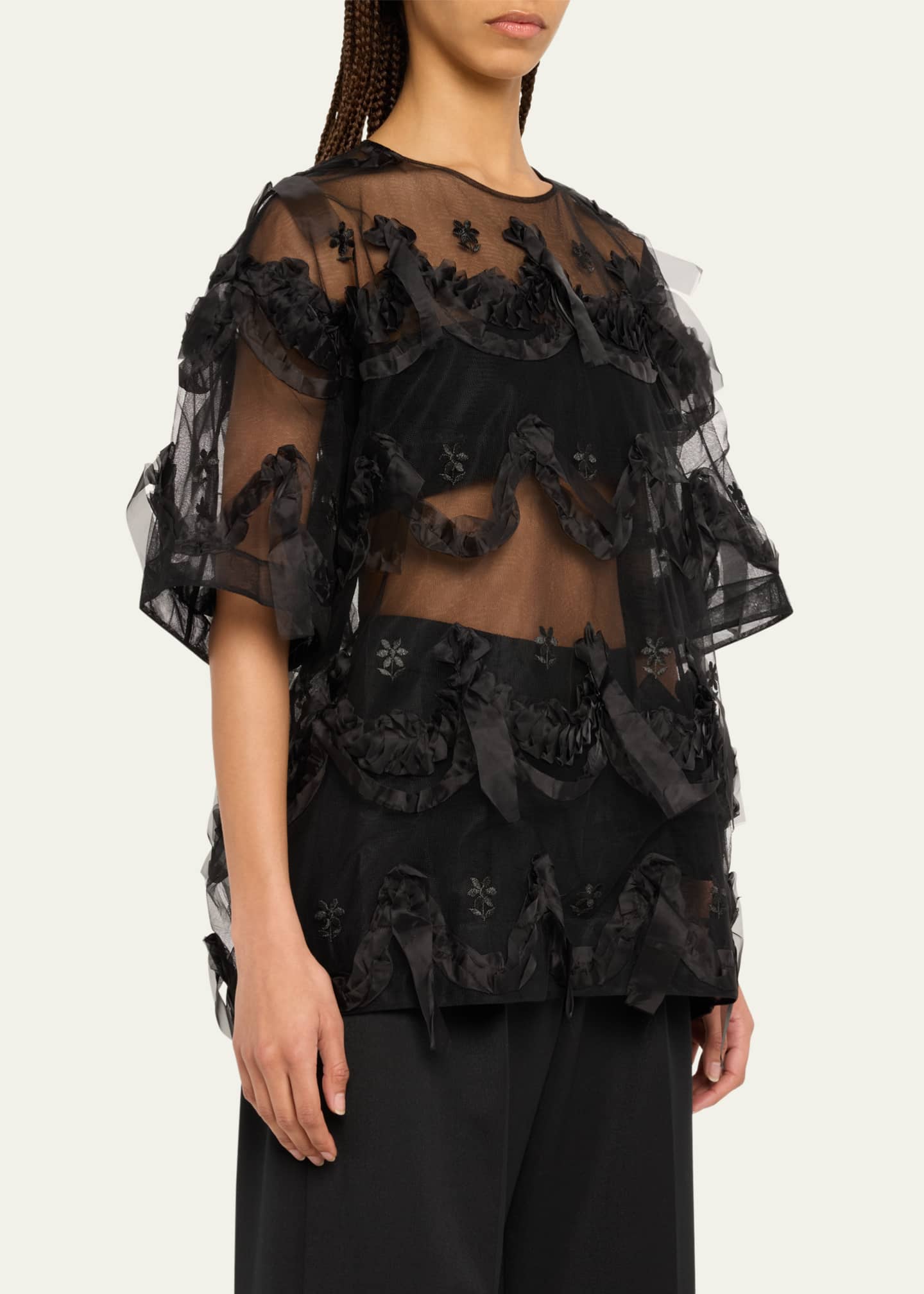 Simone Rocha Men's Tulle Embroidered Short-Sleeve Shirt - Bergdorf Goodman