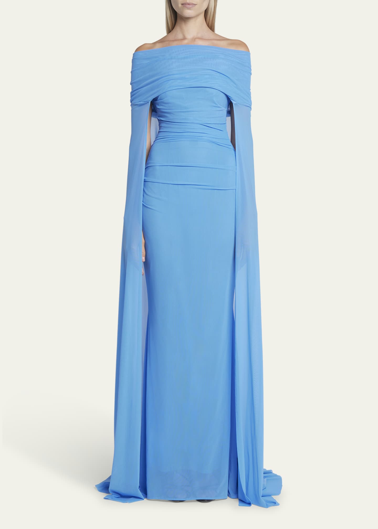 Talbot Runhof Off-Shoulder Stretch Tulle Cape Gown - Bergdorf Goodman