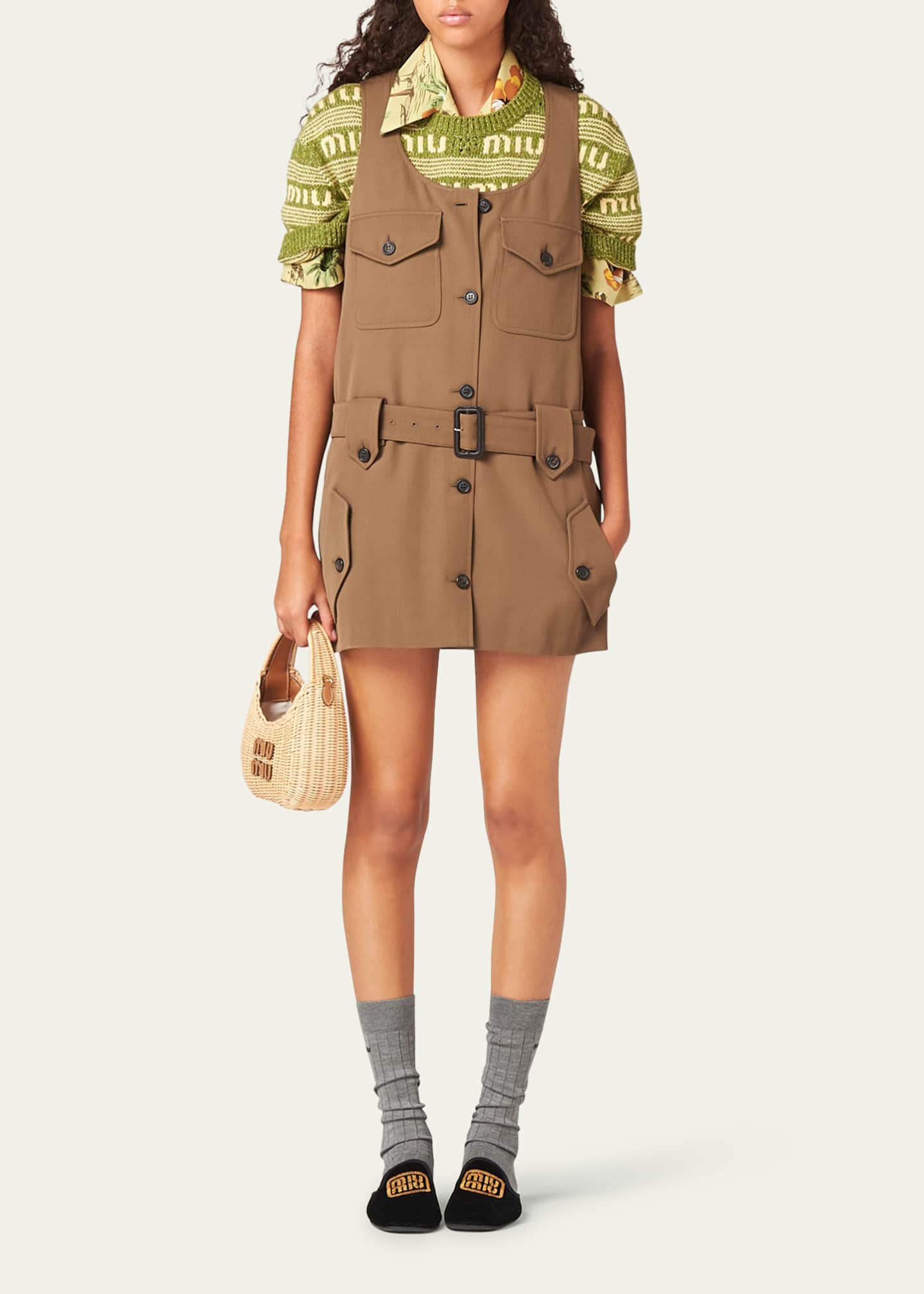 Miu Miu Utility Belted Wool Mini Dress - Bergdorf Goodman