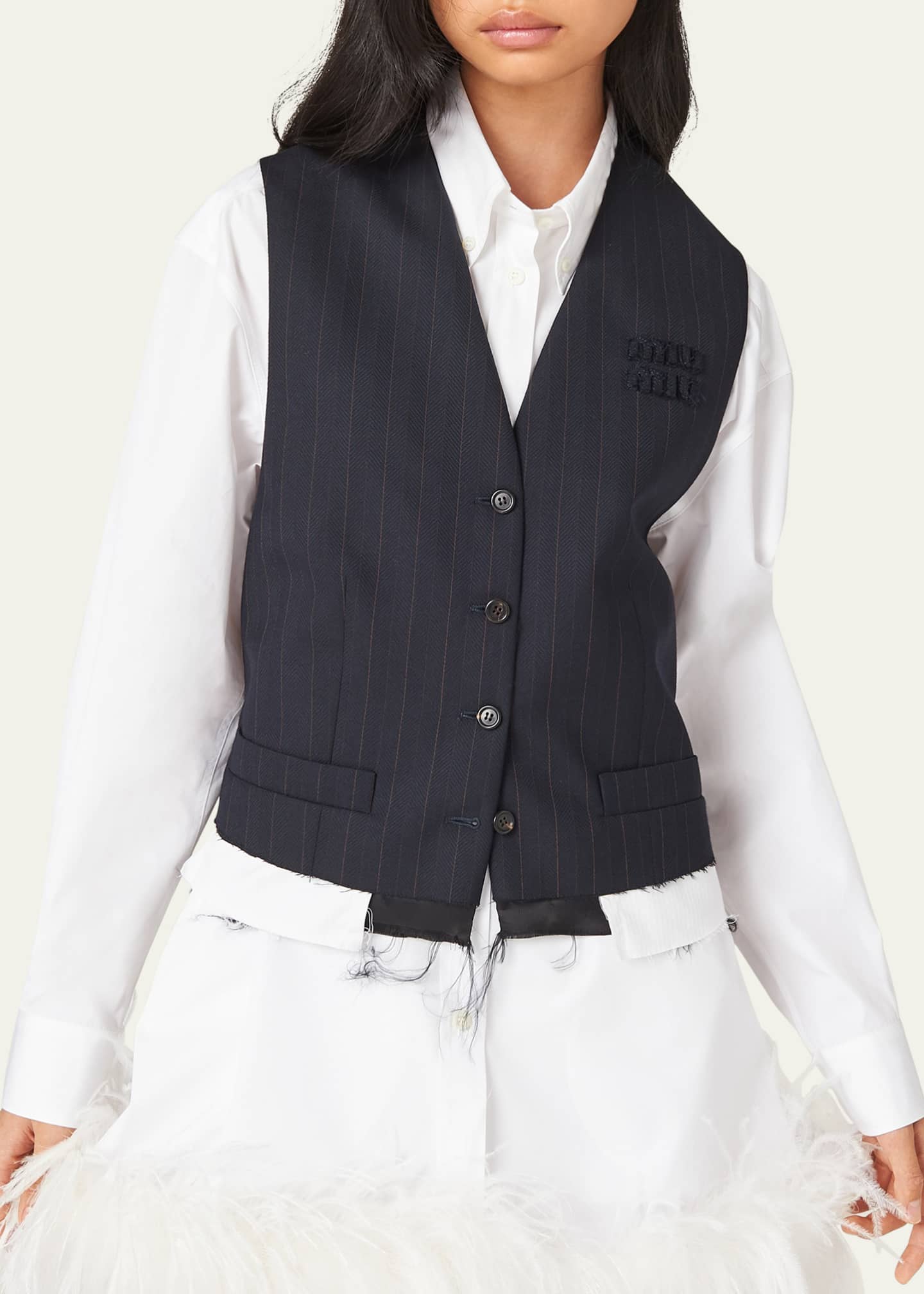 Miu Miu Pinstripe Logo Raw-Edge Wool Vest - Bergdorf Goodman