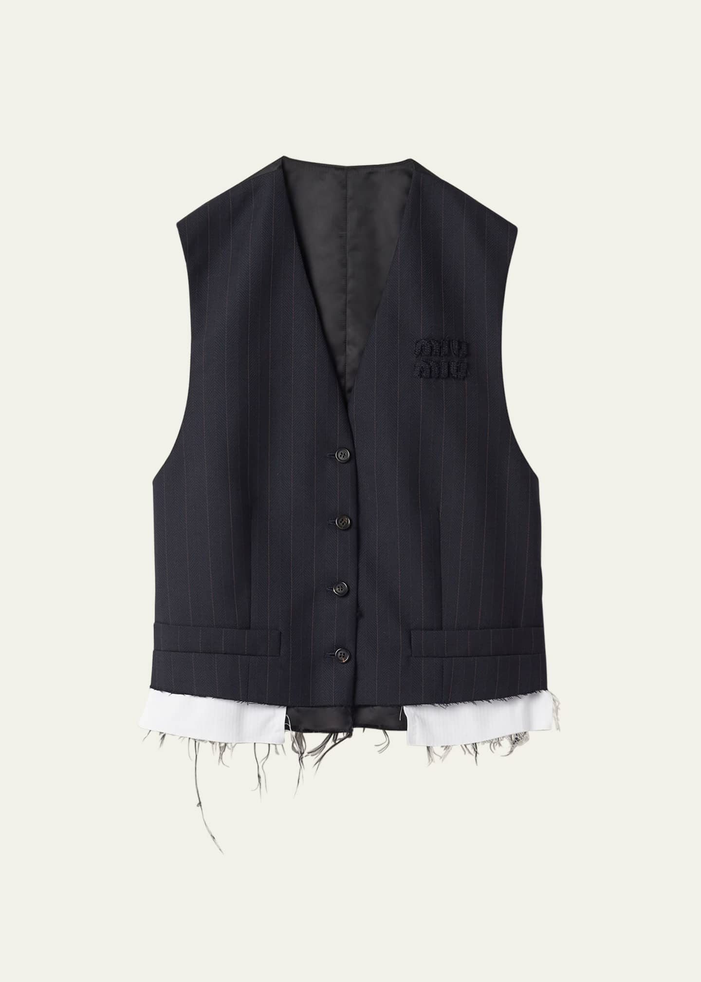 Miu Miu Pinstripe Logo Raw-Edge Wool Vest - Bergdorf Goodman