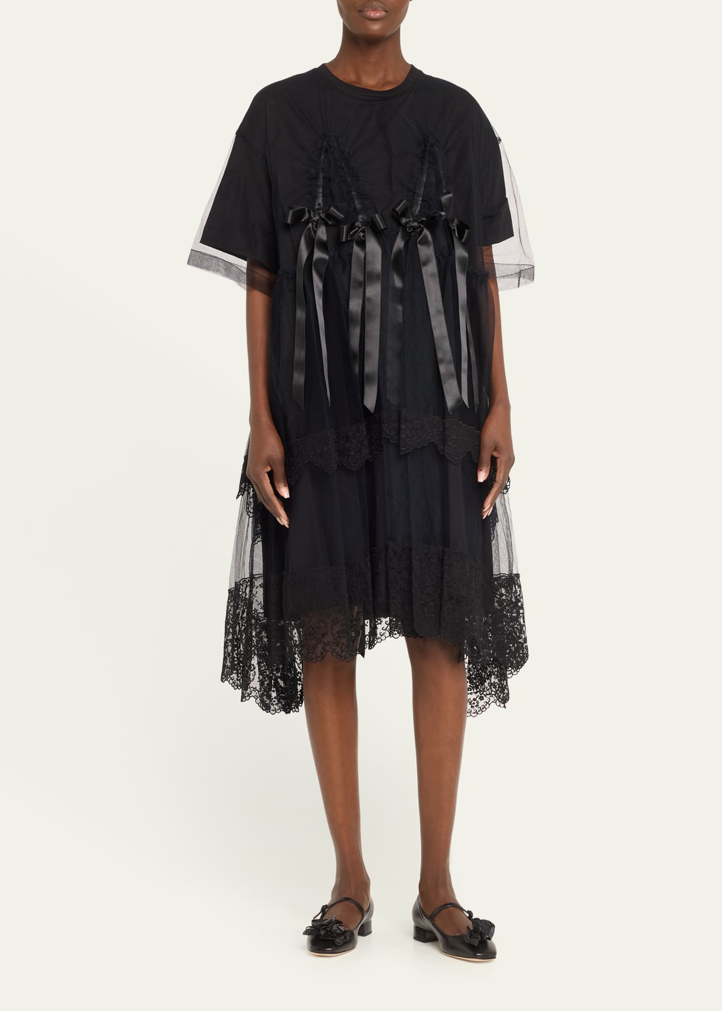Simone Rocha Net Overlay Asymmetric Midi Dress with Ruched Bows ...