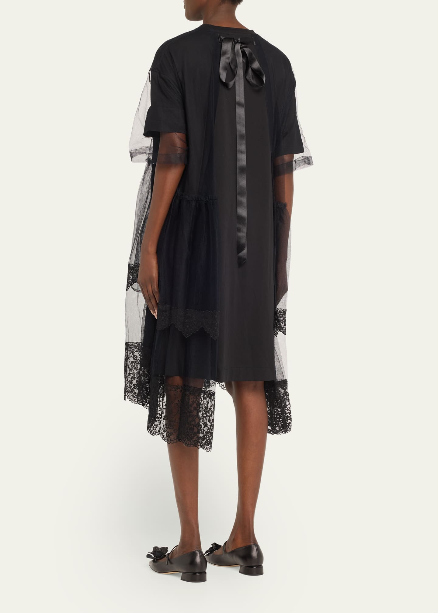 Simone Rocha Net Overlay Asymmetric Midi Dress with Ruched Bows ...