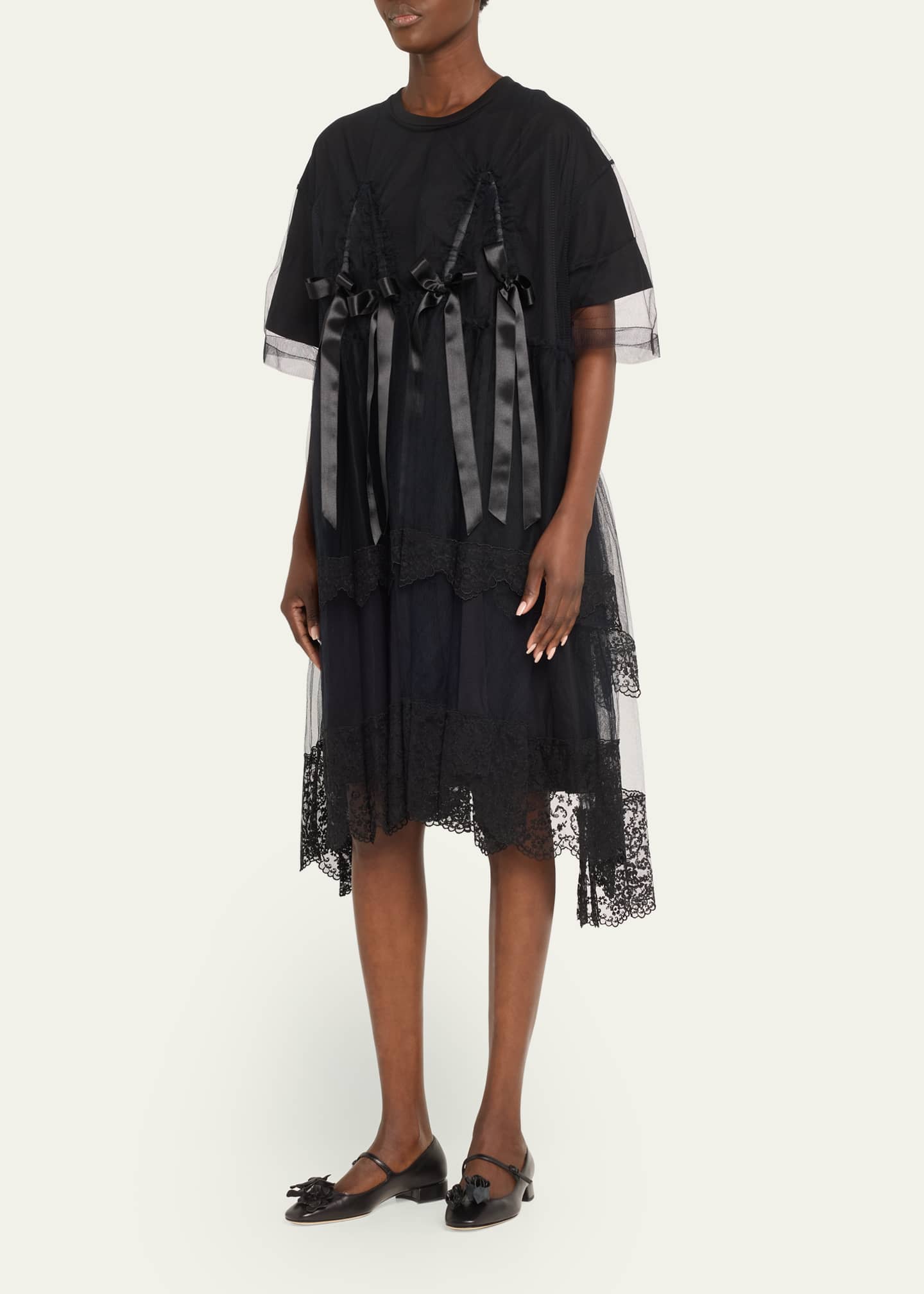 Simone Rocha Net Overlay Asymmetric Midi Dress with Ruched Bows ...