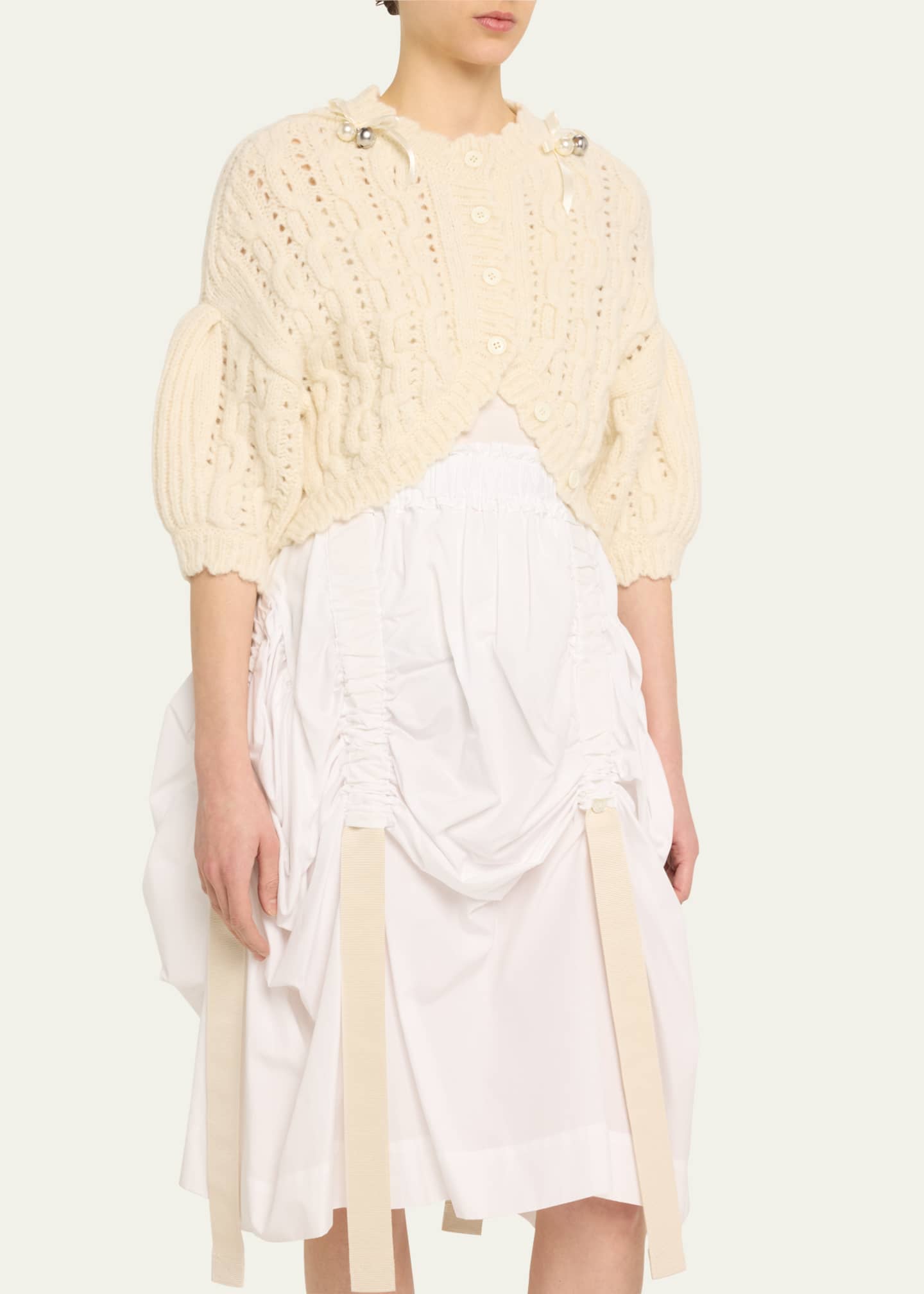 Simone Rocha Beaded Bell Charm Lace Stitch Chunky Knit Crop Cardigan ...