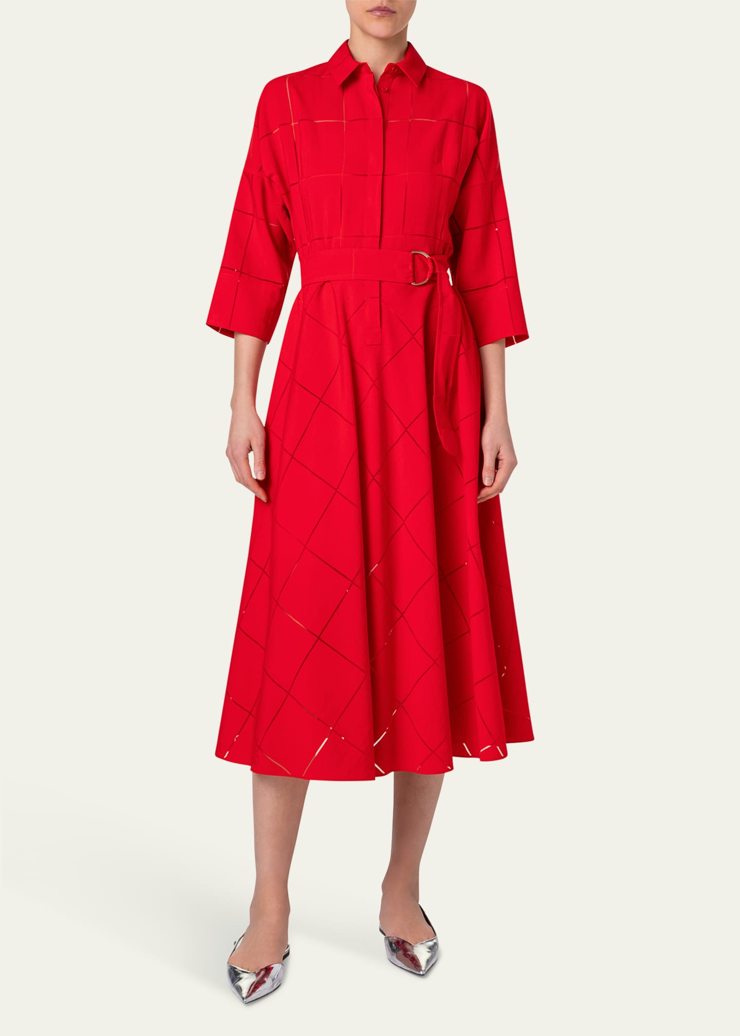 Akris punto Window Check Organzino Belted Midi Dress - Bergdorf Goodman