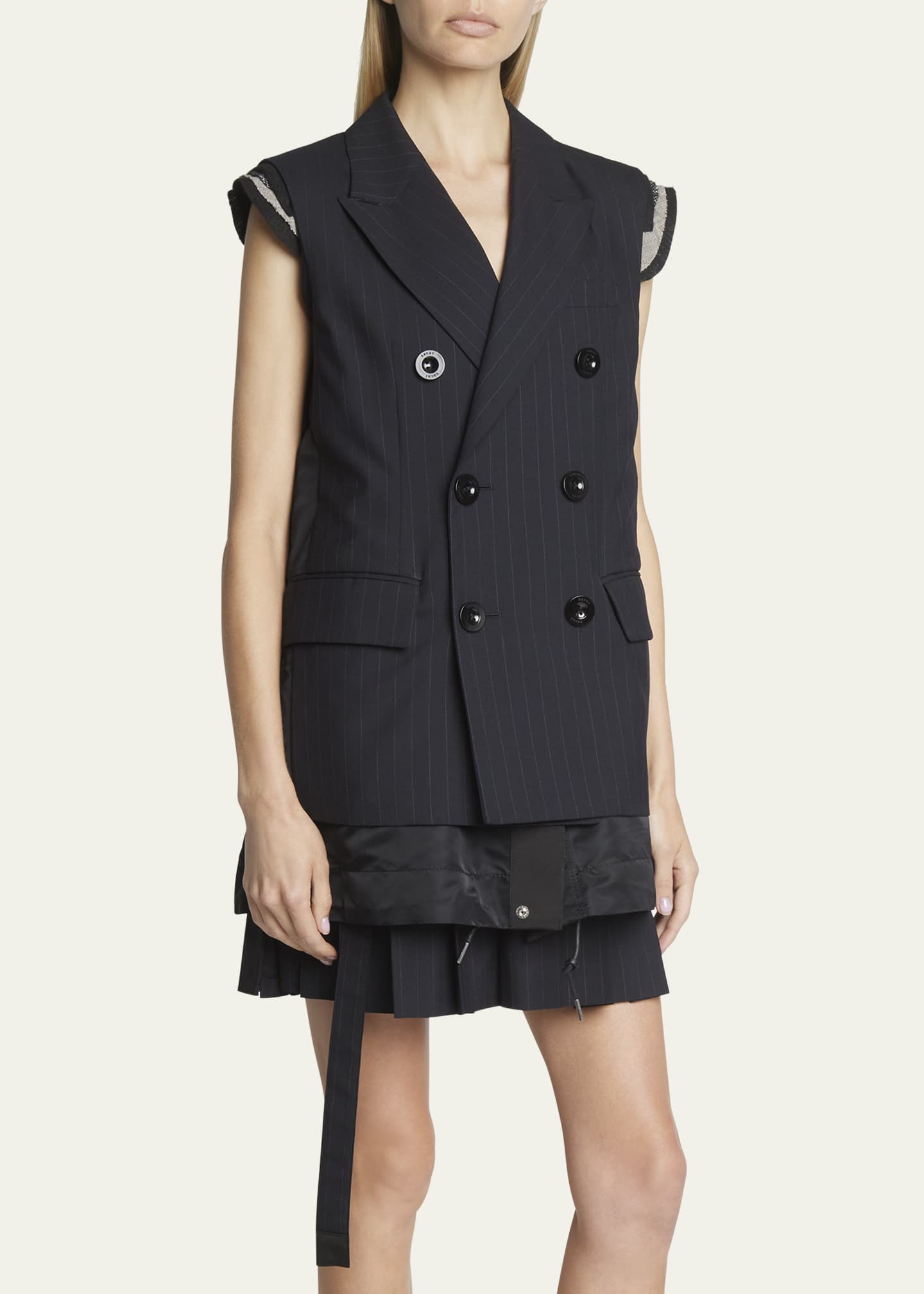 SACAI Chalk Stripe Double Breasted Layered Vest - Bergdorf Goodman