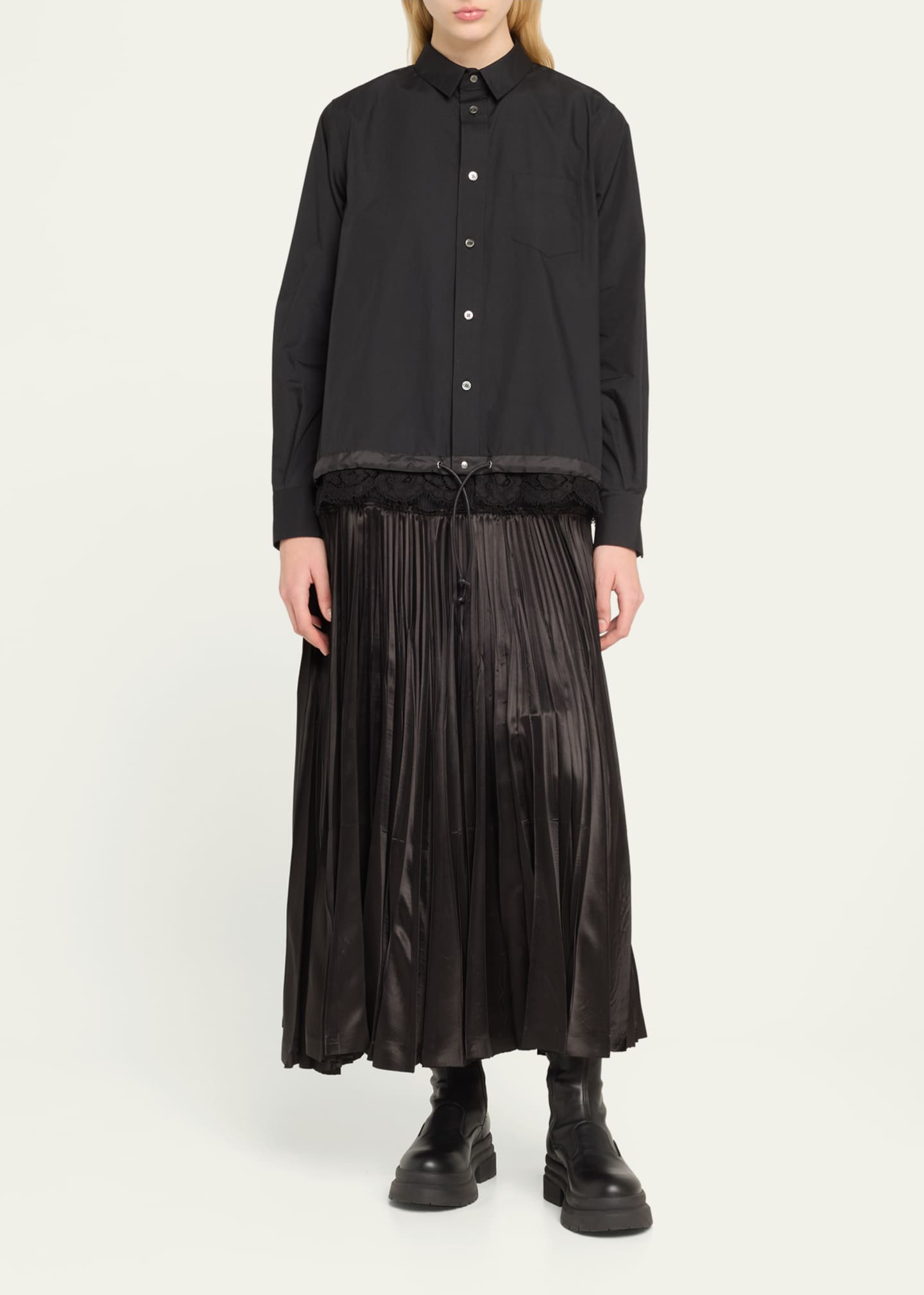 SACAI Lace Trim Poplin Button Down Drawstring Top - Bergdorf Goodman