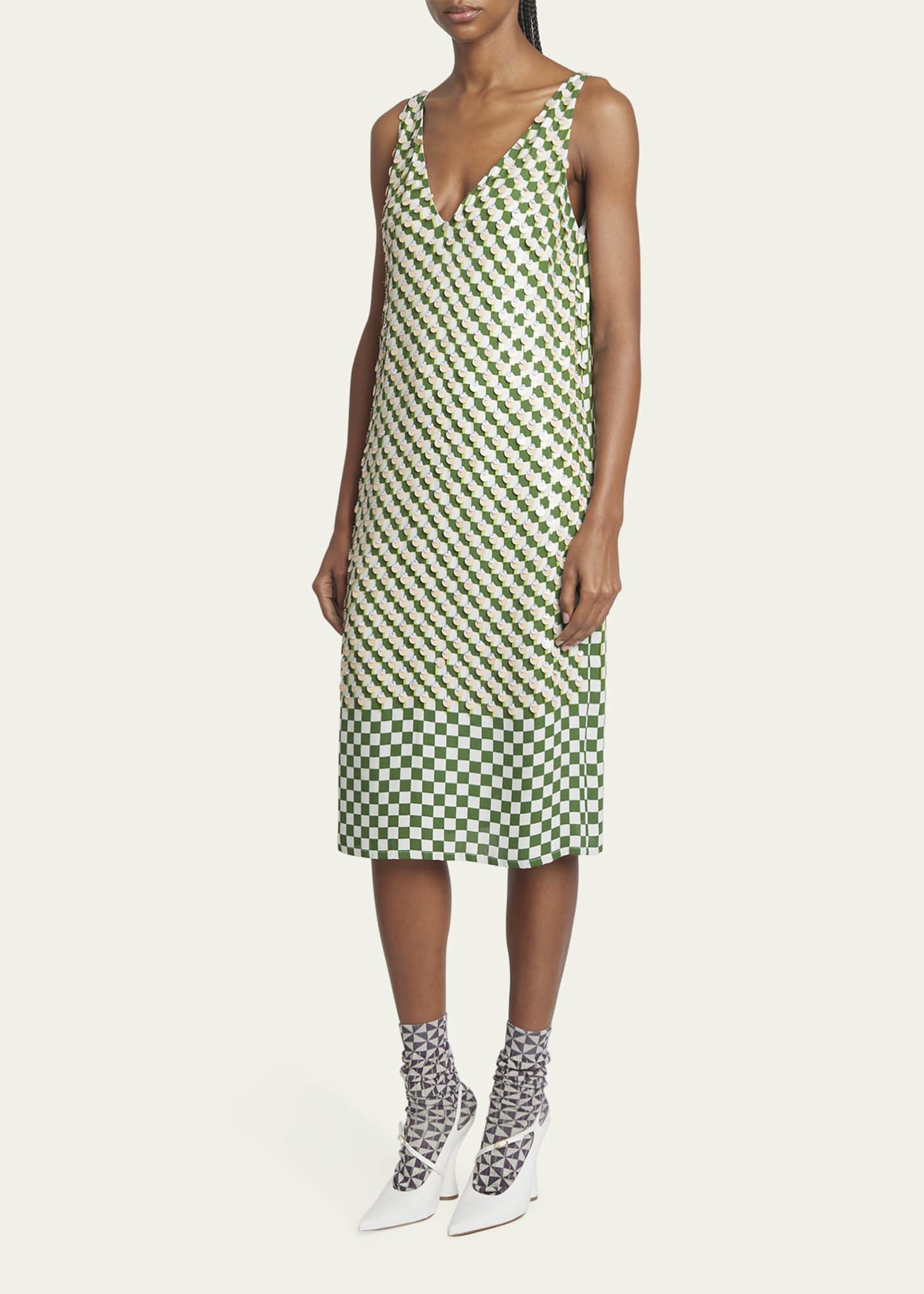 Dries Van Noten Debbie Plunging Sequin Checker-Print Sleeveless Midi ...