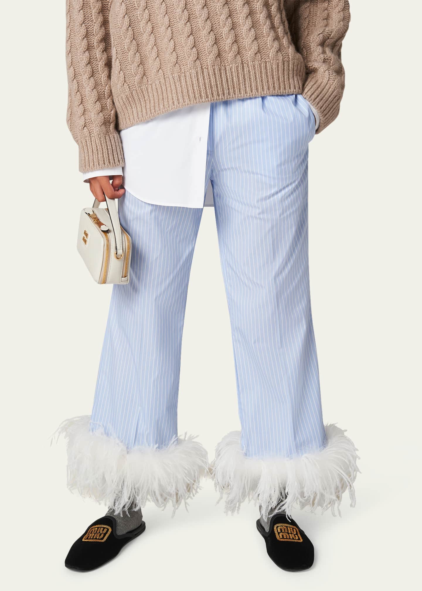 Miu Miu Cotton Pinstripe Feather-Trim Pants - Bergdorf Goodman