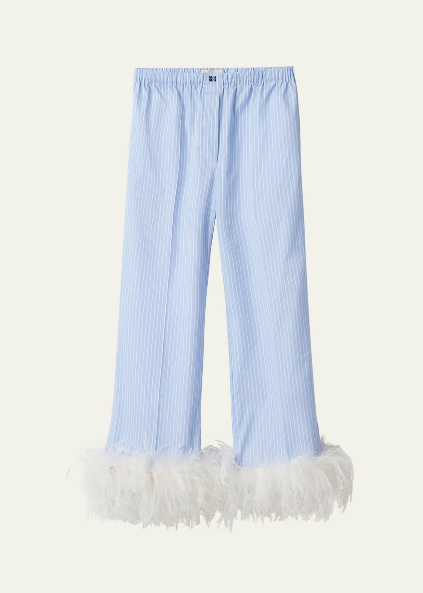Miu Miu Cotton Pinstripe Feather-Trim Pants - Bergdorf Goodman