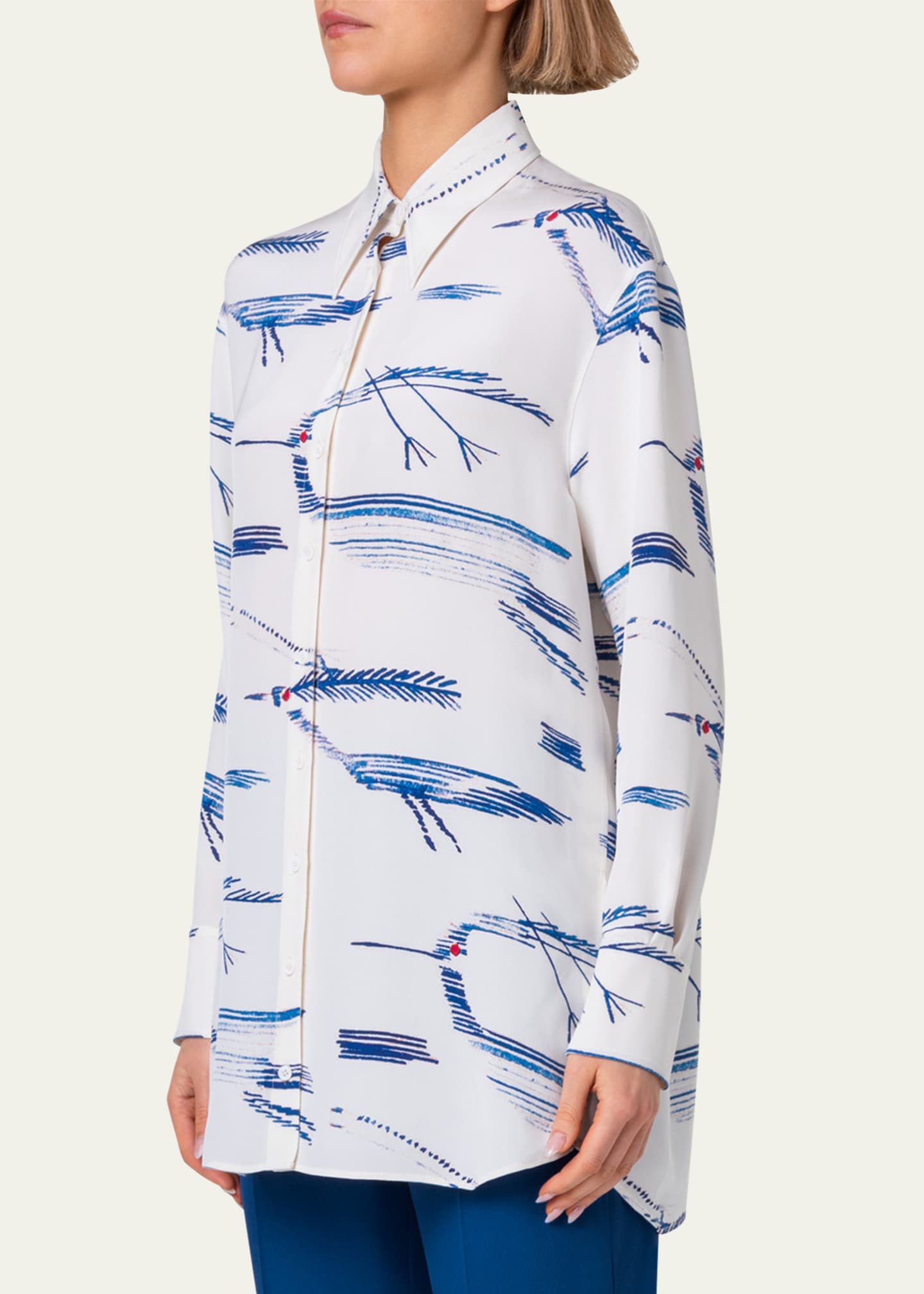Akris Silk Kasuri Birds Printed Button-Front Blouse - Bergdorf Goodman