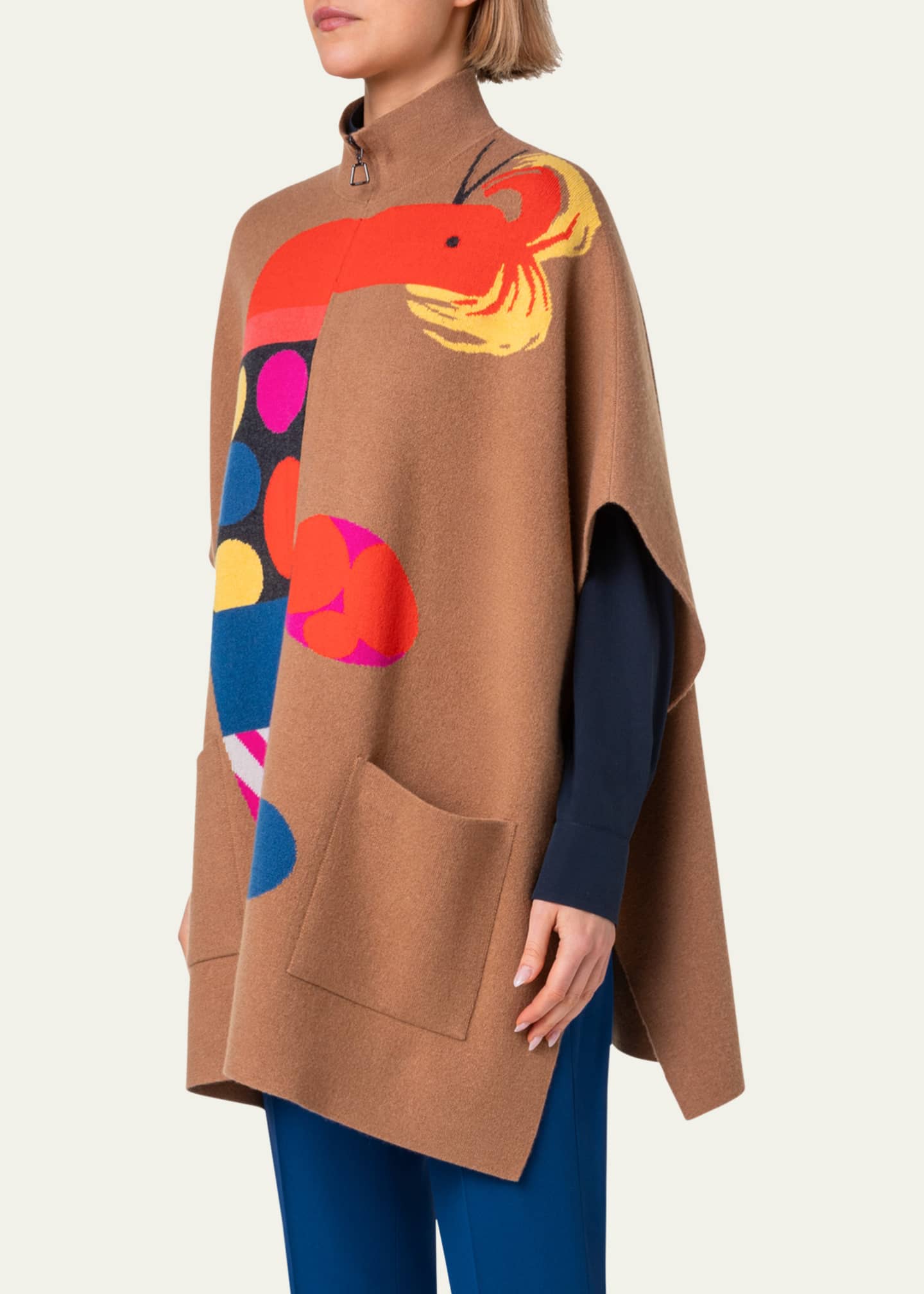 Akris Reversible Rooster Intarsia Cashmere Double-Face Knit Cape ...